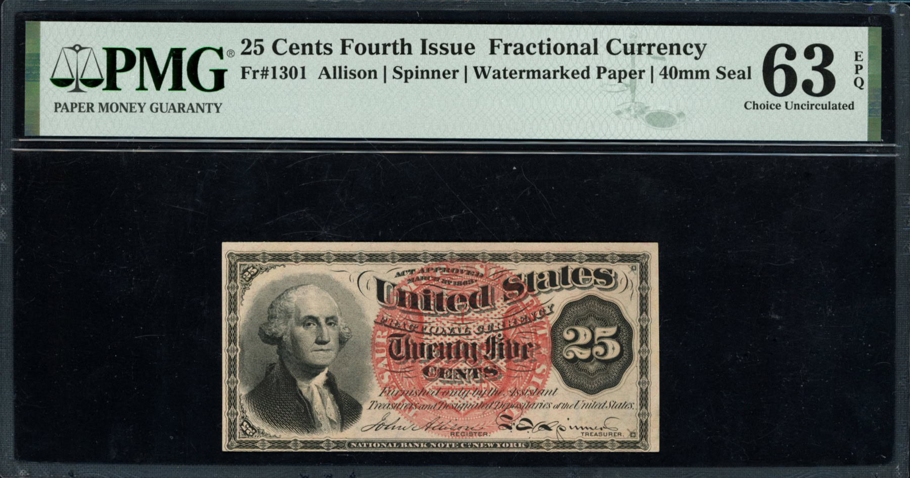 Fr. 1301 Fourth Issue 25 Cents Fractional Currency Note Allison / Spinner / Watermarked Paper ...