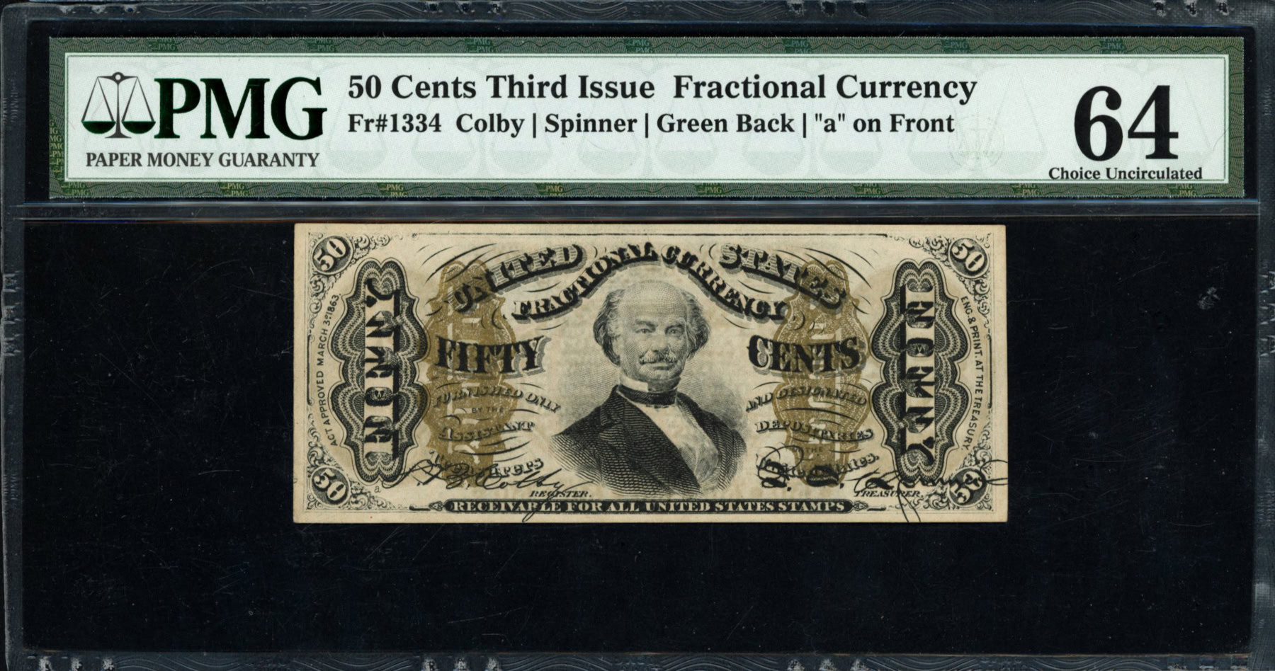 Fr. 1334 Third Issue 50 Cents Fractional Currency Note Colby / Spinner ...
