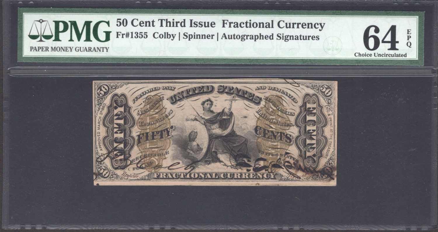 Fr. 1355 Third Issue 50 Cents Fractional Currency Note Colby / Spinner ...