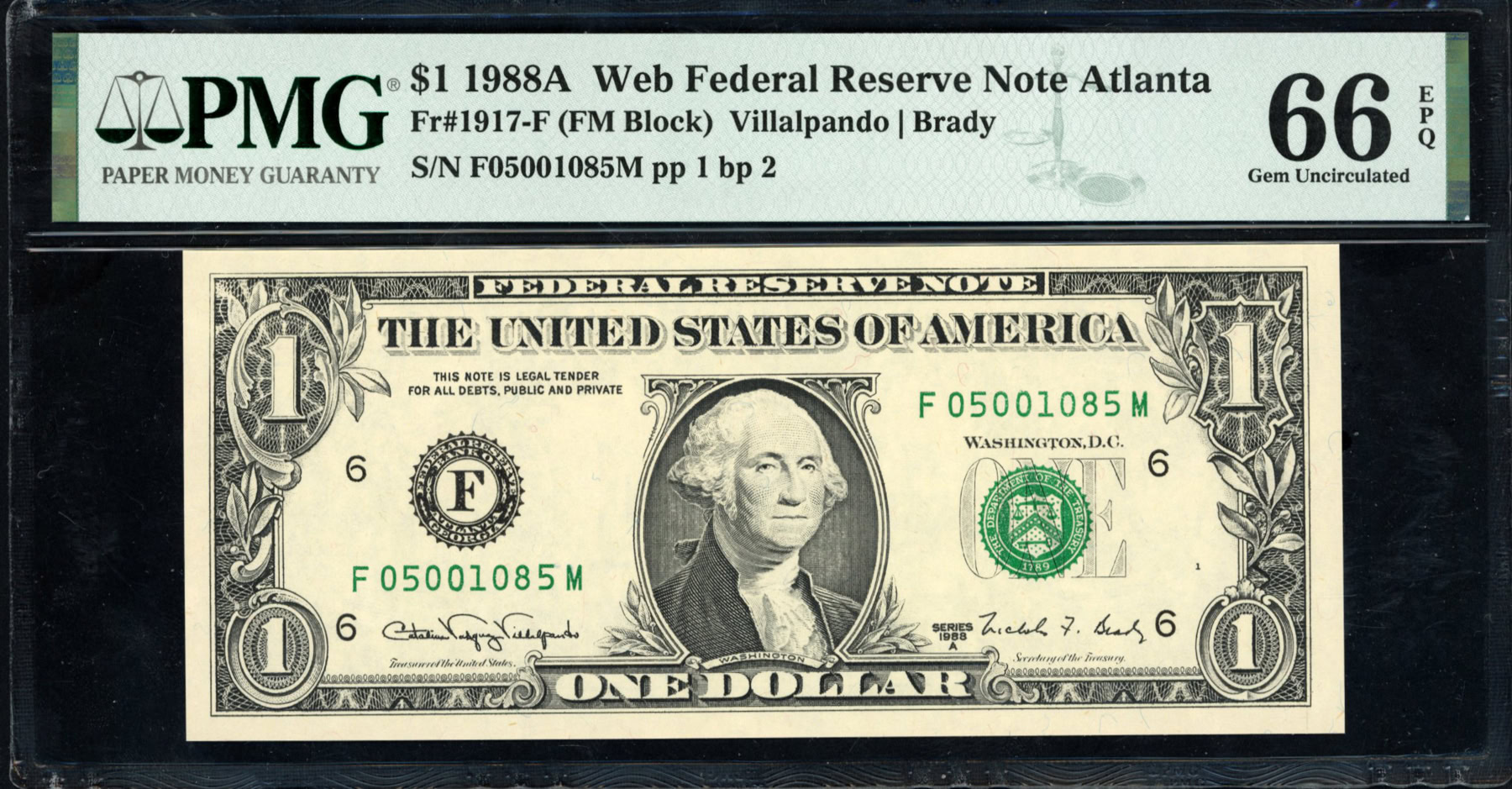 Fr. 1917-F (FM Block) 1988A $1 Atlanta Federal Reserve Web Press Note ...