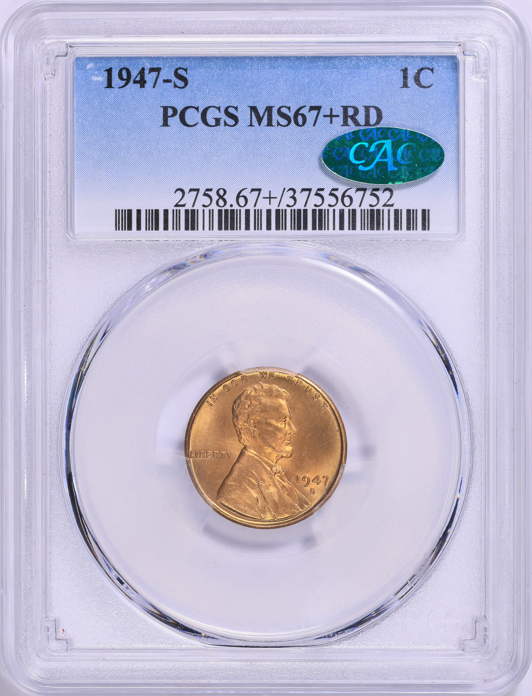 1947-S Lincoln Cent PCGS MS-67+ RD (CAC Green) (Item 1806644) | GreatCollections Coin Auctions