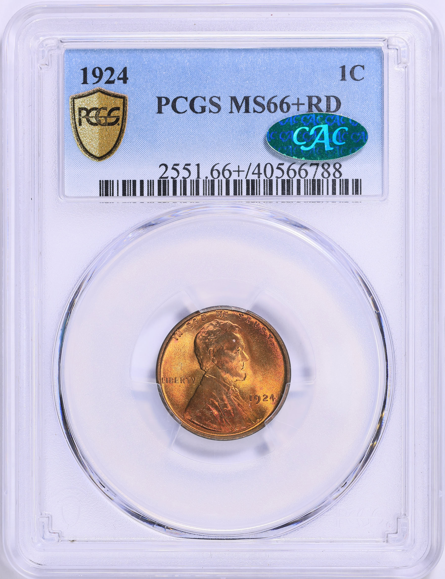 1924 Lincoln Cent PCGS MS-66+ RD (CAC Green) (Toned) (Item 1806648) | GreatCollections Coin Auctions