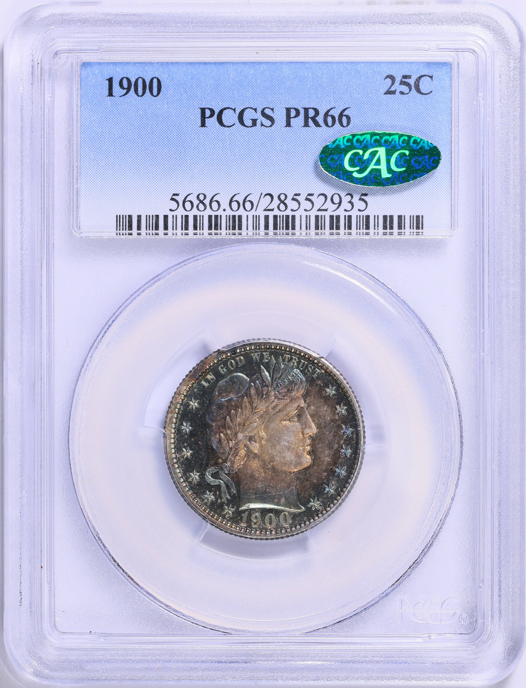 1900 Barber Quarter PCGS Proof-66 (CAC Green) (Toned) (Item 1806651) | GreatCollections Coin ...