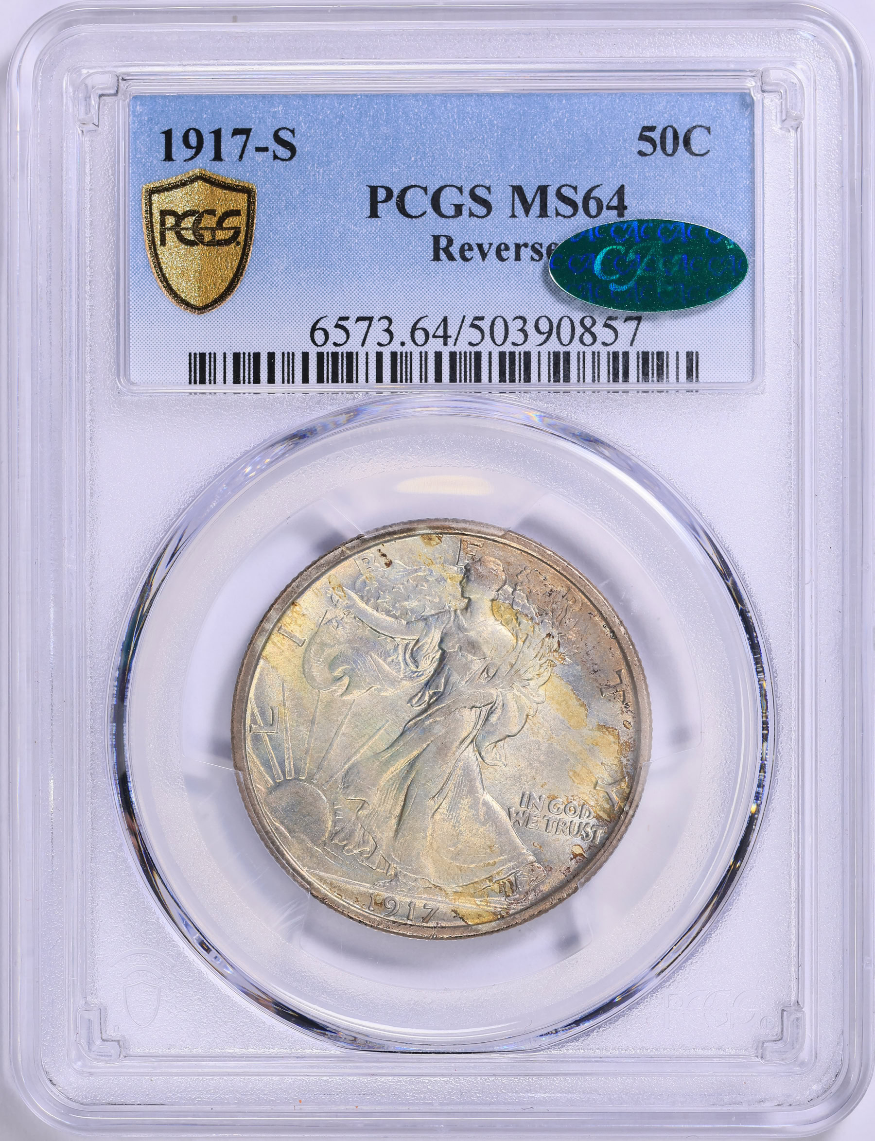 1917-S Walking Liberty Half Dollar Reverse Mintmark PCGS MS-64 (CAC Green) (Toned) (Item 1806657 ...