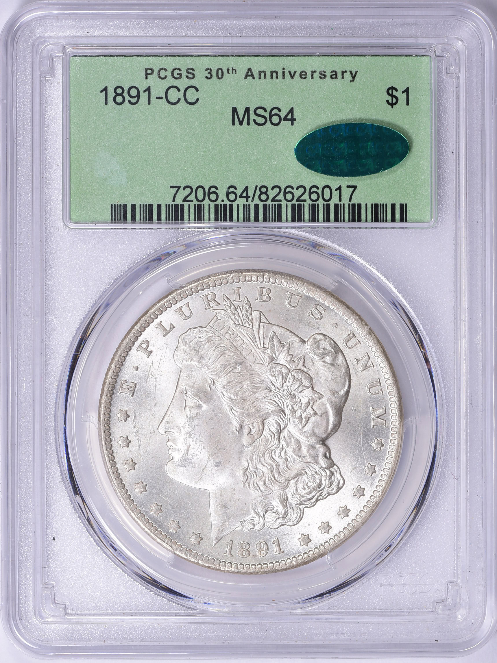 1891-CC Morgan Silver Dollar PCGS MS-64 (CAC Green) (OGH 30th Anniversary Label) (Item 1806663 ...