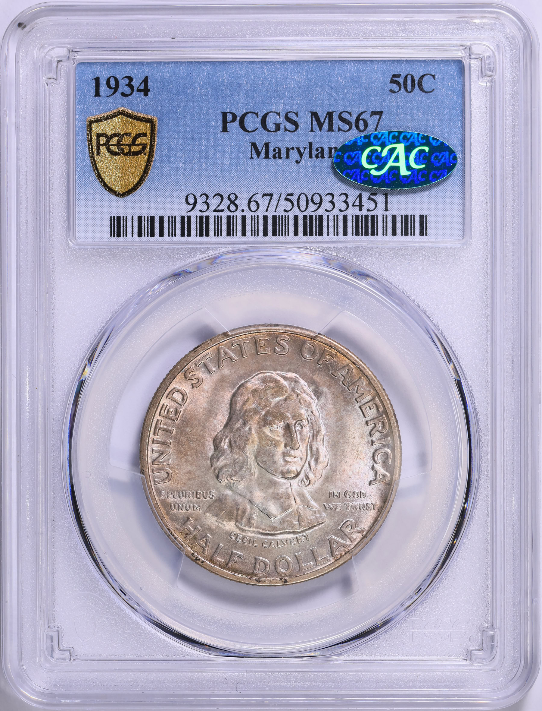 1934 Maryland Tercentenary Half Dollar PCGS MS-67 (CAC Green) (Toned) (Item 1806664 ...