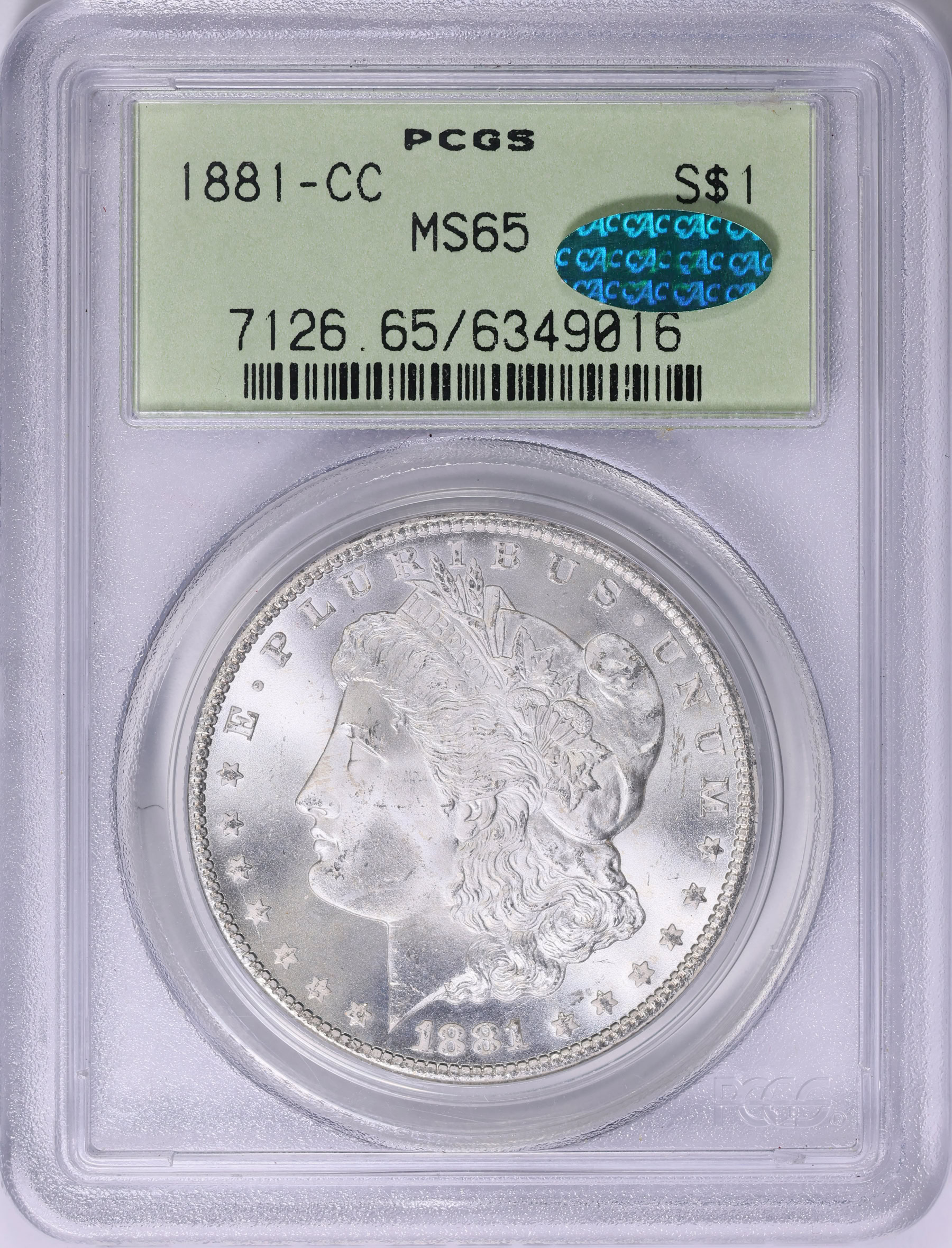 1881-CC Morgan Silver Dollar PCGS MS-65 (CAC Green) OGH (Item 1806676) | GreatCollections Coin ...