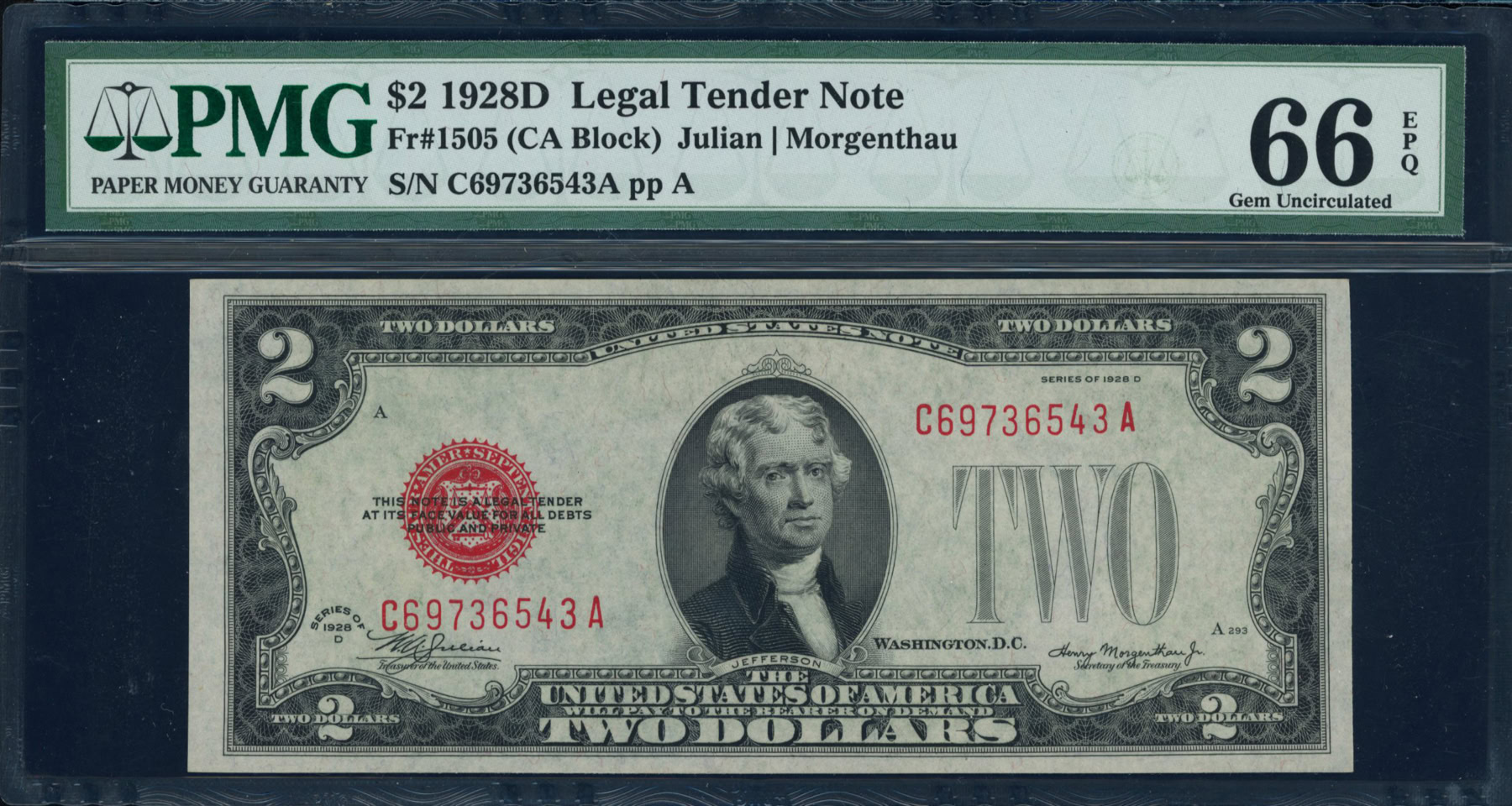 Fr. 1505 (CA Block) 1928D $2 Legal Tender Note Julian / Morgenthau PMG ...