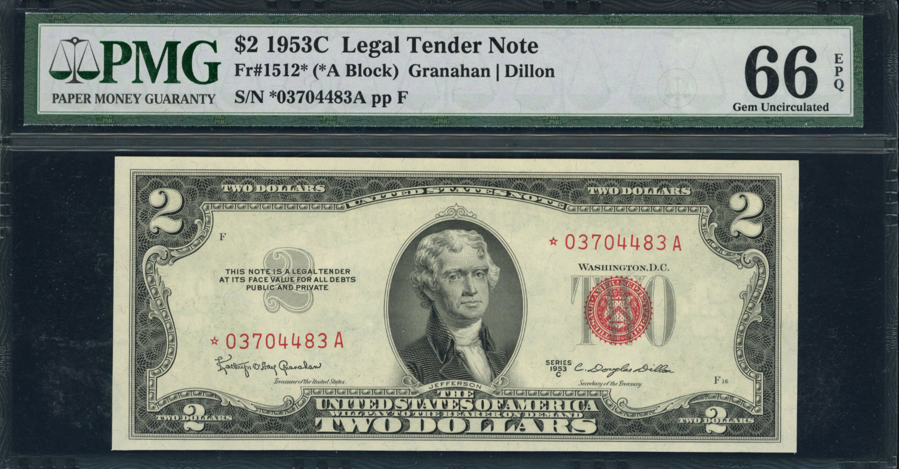 Fr. 1512* (*A Block) 1953C $2 Legal Tender Star Note Granahan / Dillon ...