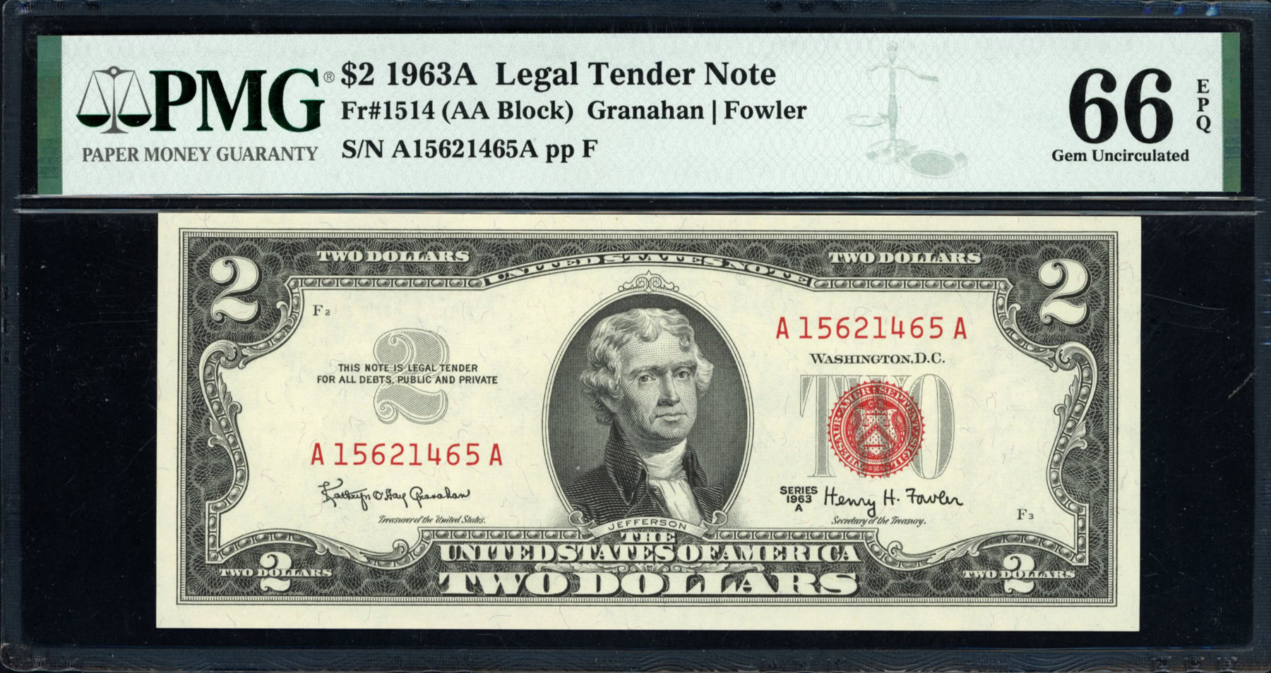 Fr. 1514 (AA Block) 1963A $2 Legal Tender Note Granahan / Fowler PMG ...