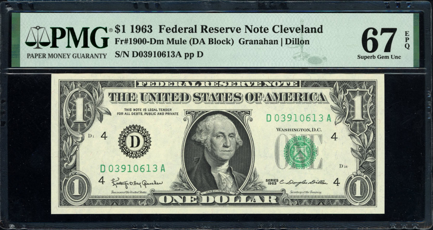 Fr. 1900-Dm (DA Block) 1963 $1 Cleveland Federal Reserve Mule Note ...