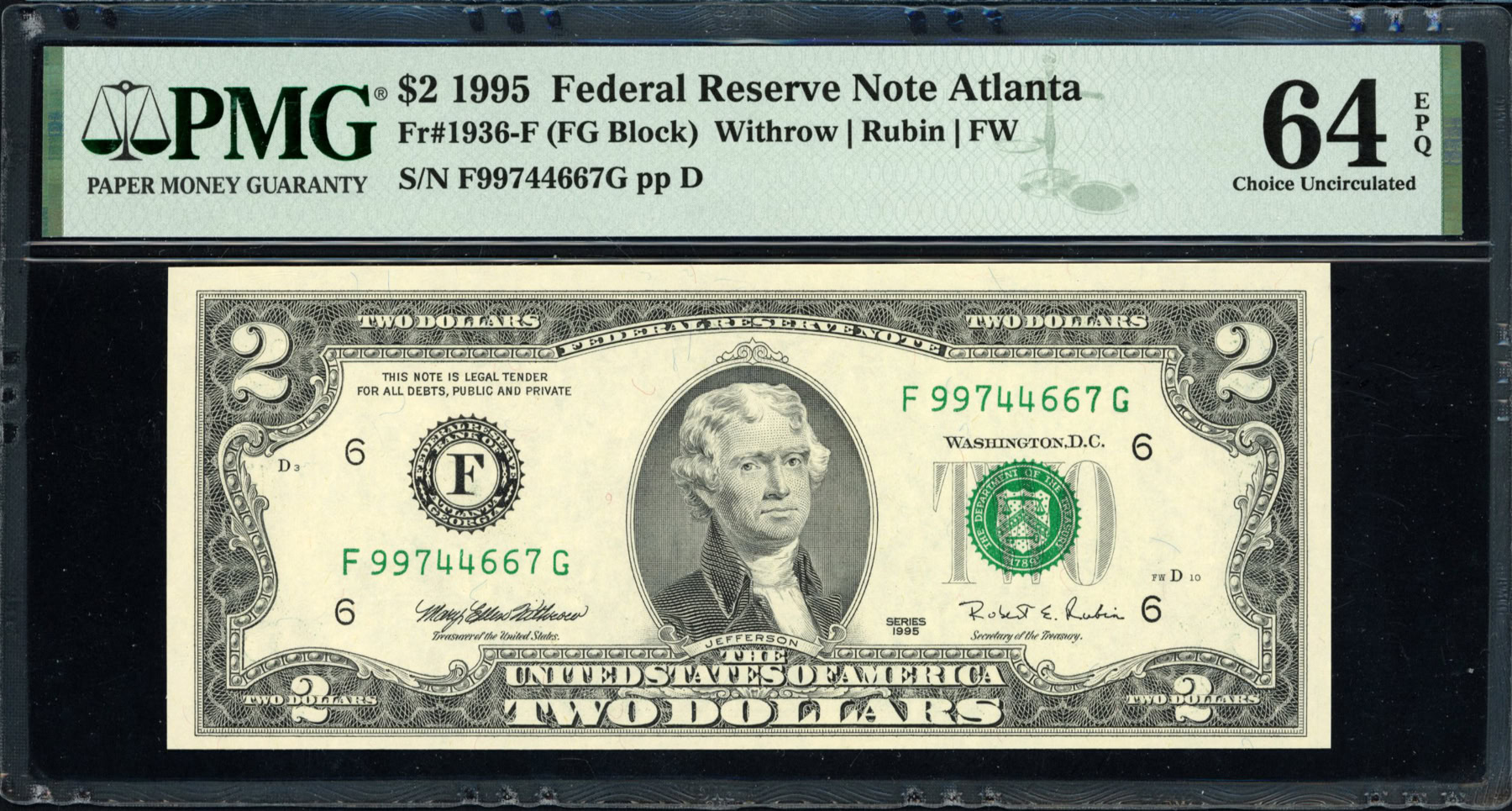 Fr. 1936-F (FG Block) 1995 $2 Atlanta Federal Reserve Note Withrow ...