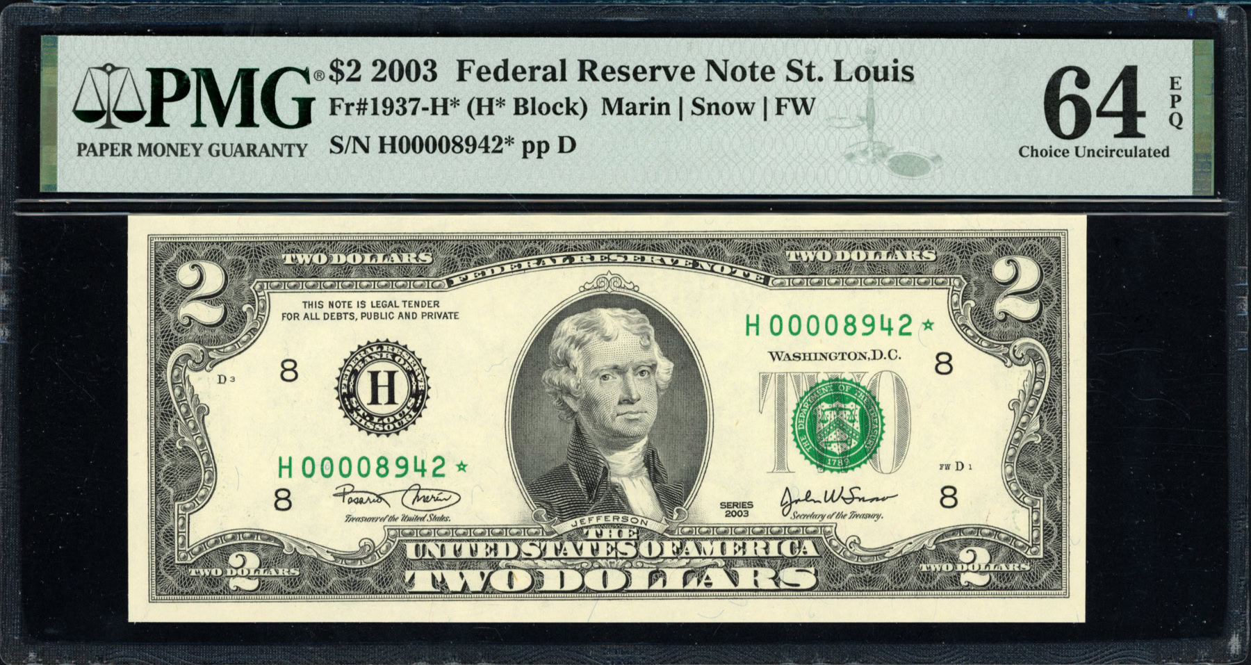 Fr. 1937-H* (H* Block) 2003 $2 St. Louis Federal Reserve Star Note Low ...