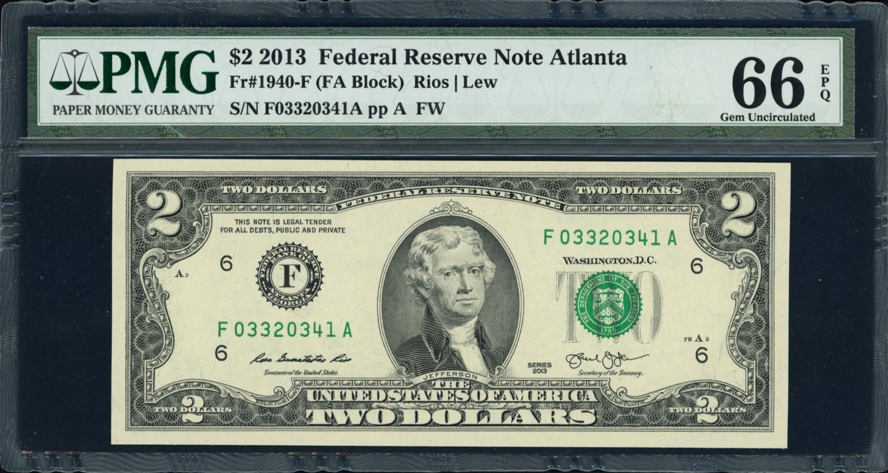 Fr. 1940-F (FA Block) 2013 $2 Atlanta Federal Reserve Note Rios / Lew ...
