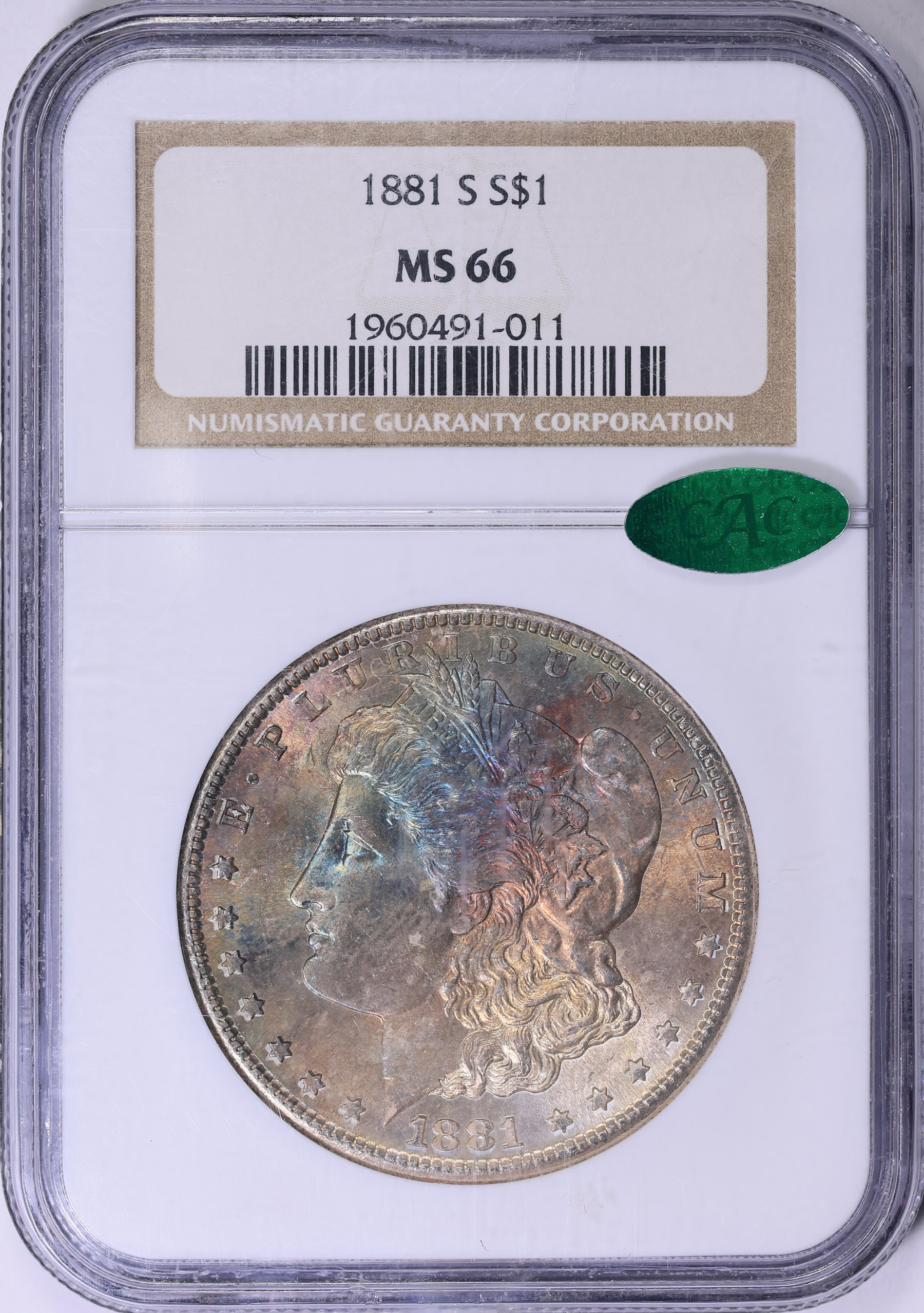 1881-S Morgan Silver Dollar NGC MS-66 (CAC Green) (Toned) (Item 1806982) | GreatCollections Coin ...