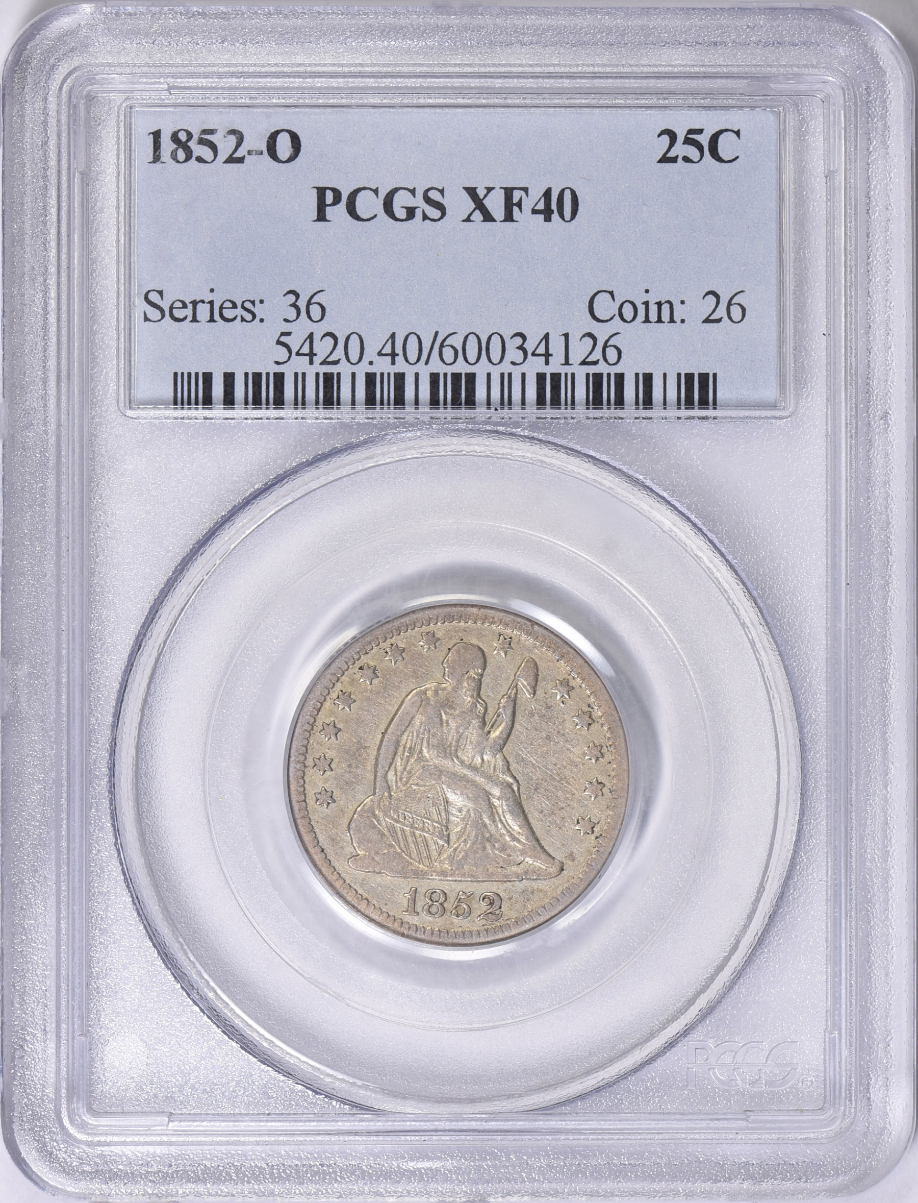 1852-O Seated Liberty Quarter PCGS XF-40 (Item 1807196) | GreatCollections Coin Auctions