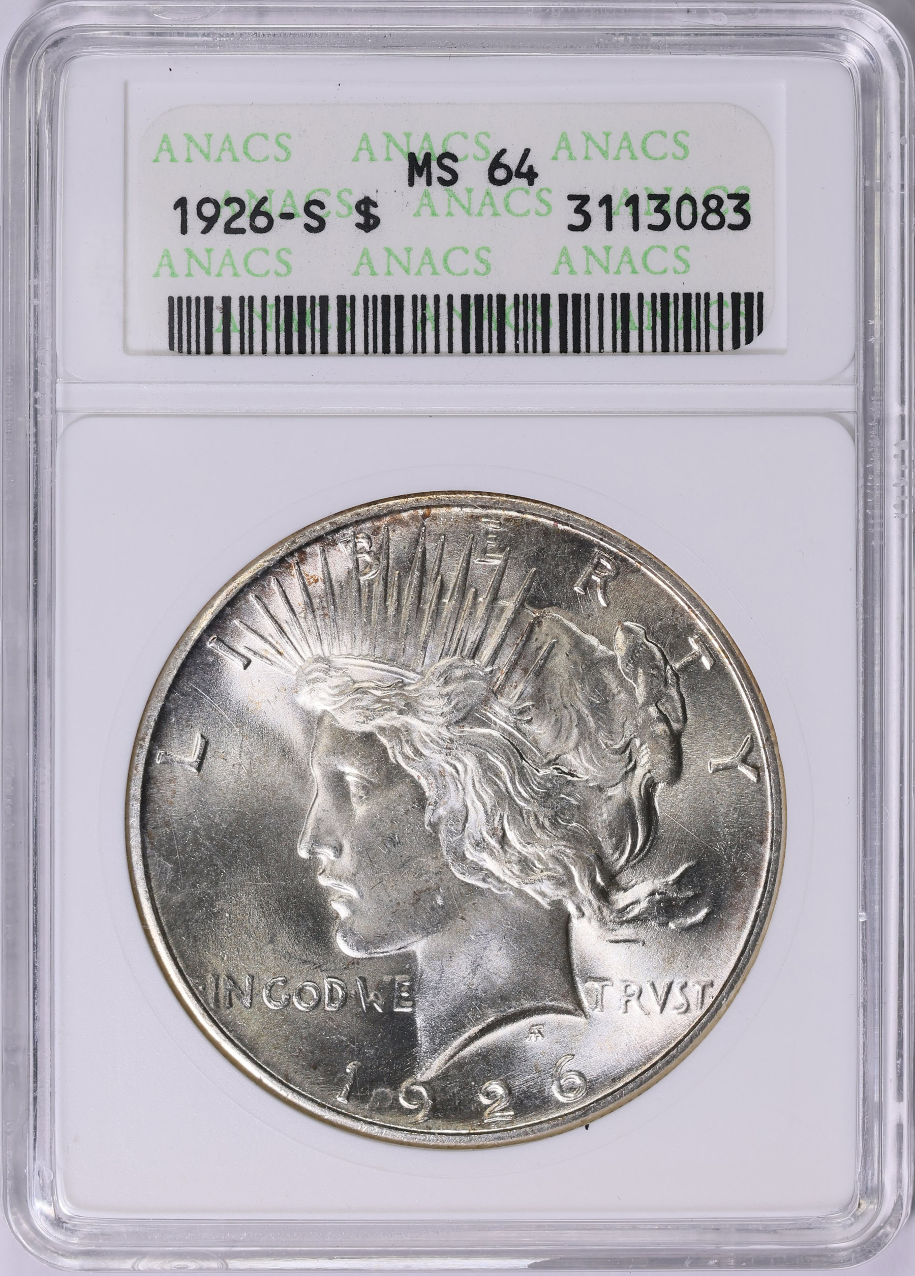 1926-S Peace Silver Dollar ANACS MS-64 OH (Item 1807207) | GreatCollections Coin Auctions