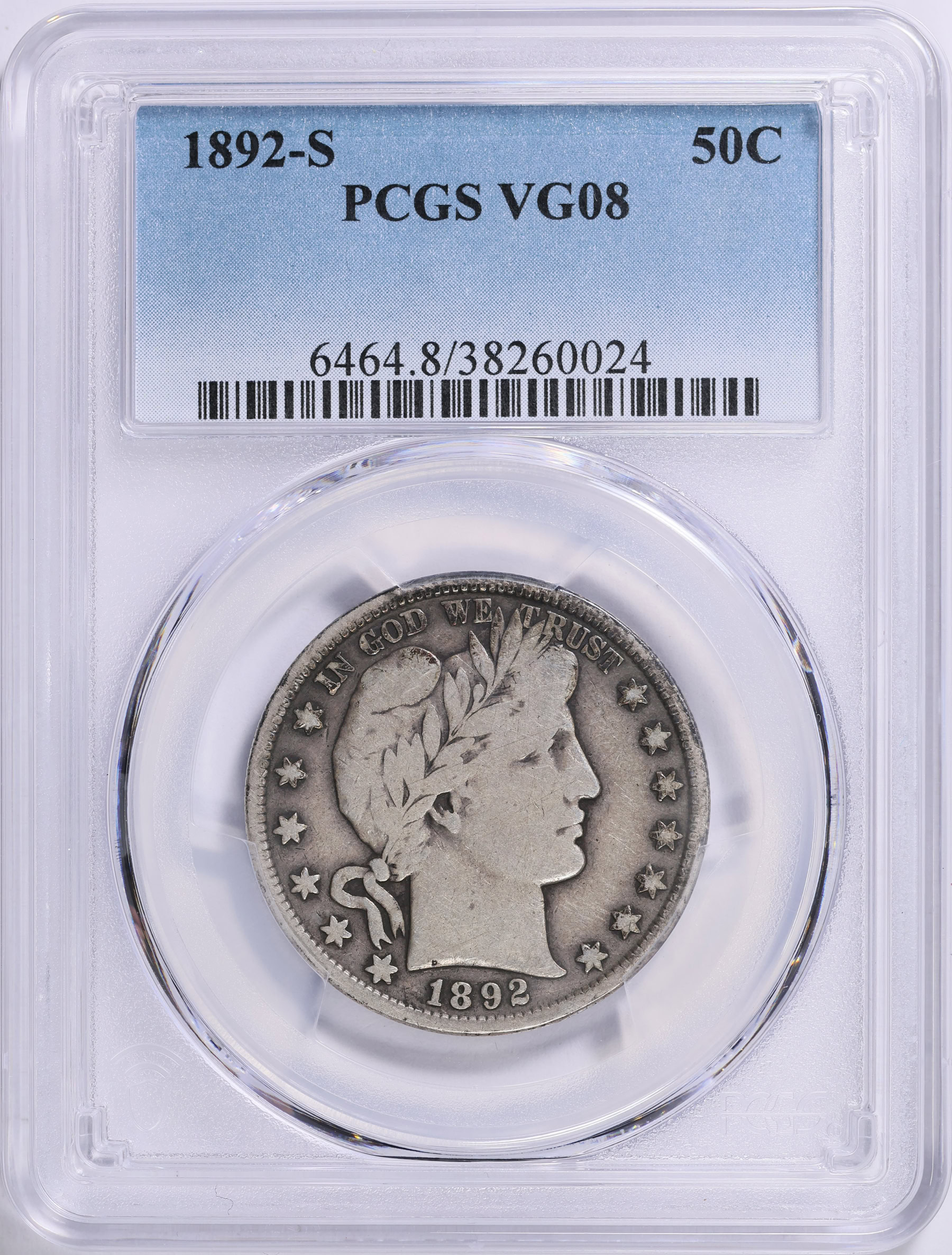 1892-S Barber Half Dollar PCGS VG-08 (Item 1807279) | GreatCollections Coin Auctions