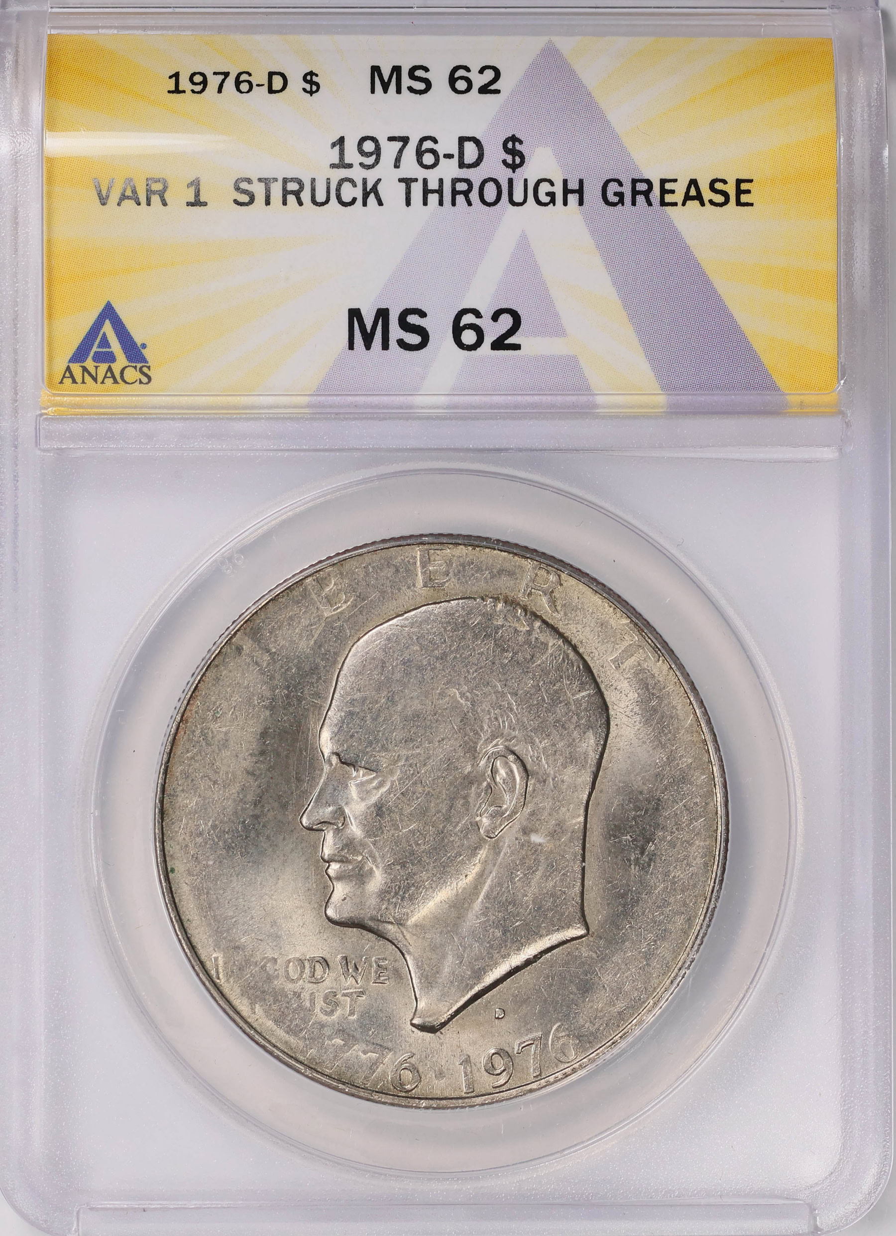 Mint Error 1976-D Eisenhower Dollar Variety 1 Struck Through Grease ANACS MS-62 | ANACS Cert ...