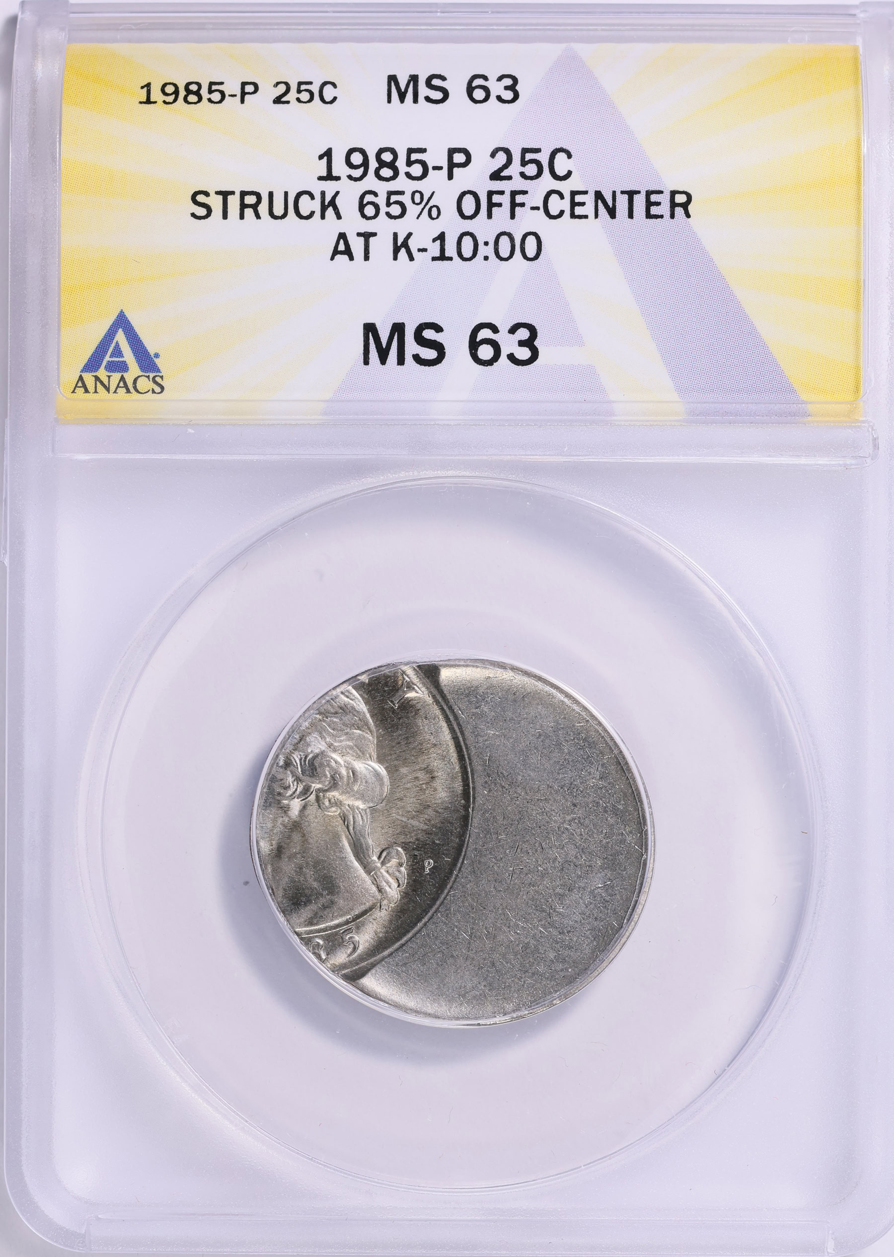 Mint Error 1985-P Washington Quarter Struck 65% Off-Center at K-10:00 ...