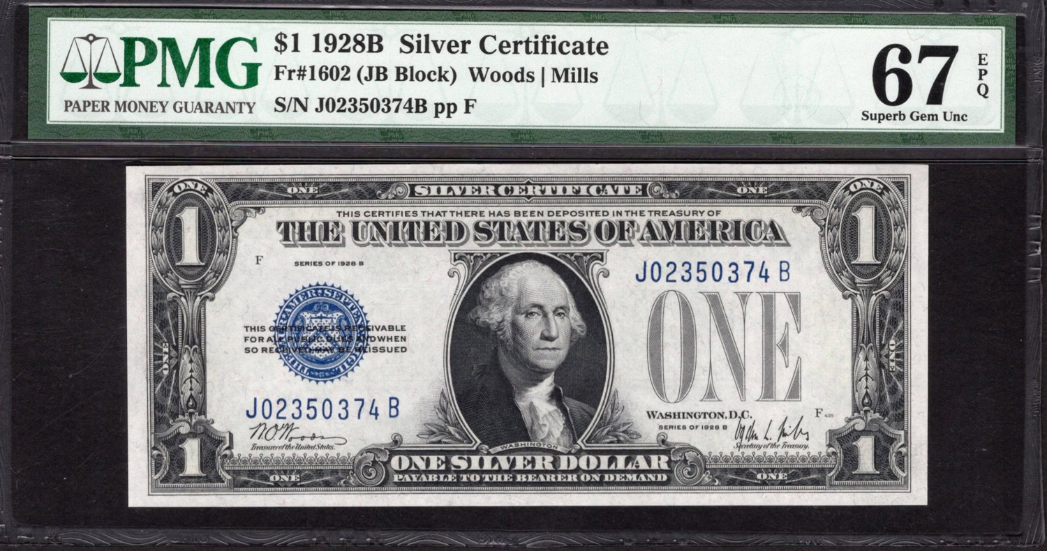 Fr. 1602 (JB Block) 1928B $1 Silver Certificate Note Woods / Mills PMG ...