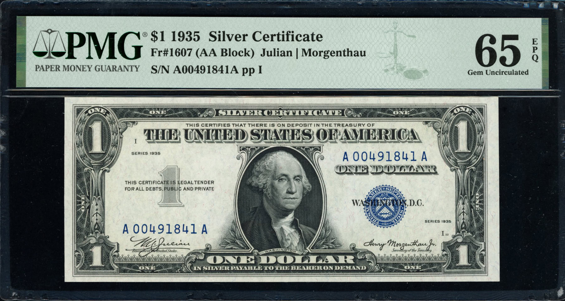 Fr. 1607 (AA Block) 1935 $1 Silver Certificate Note Julian / Morgenthau PMG Gem Uncirculated 65 ...