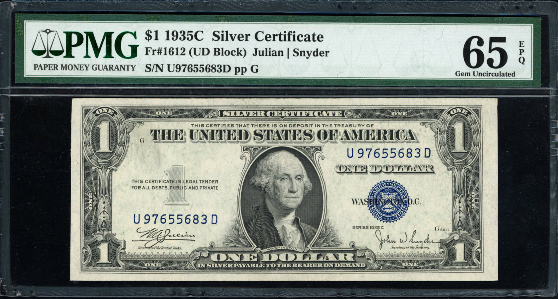 Fr. 1612 (UD Block) 1935C $1 Silver Certificate Note Julian / Snyder PMG Gem Uncirculated 65 EPQ ...