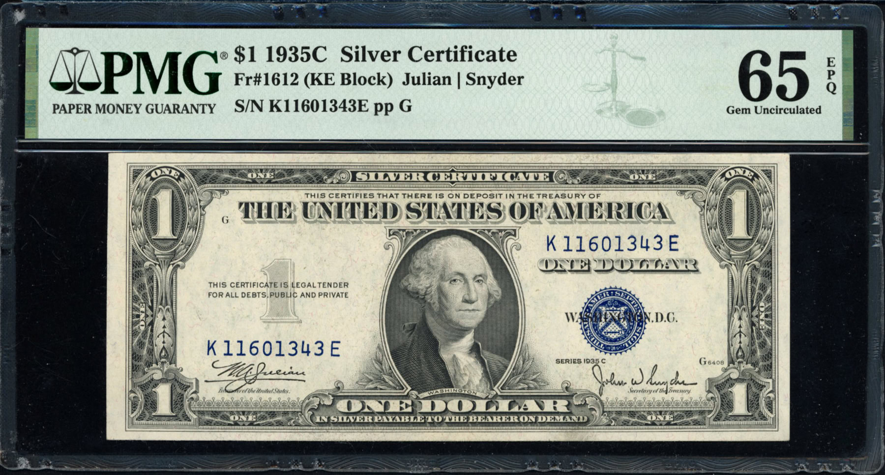Fr. 1612 (KE Block) 1935C $1 Silver Certificate Note Julian / Snyder PMG Gem Uncirculated 65 EPQ ...