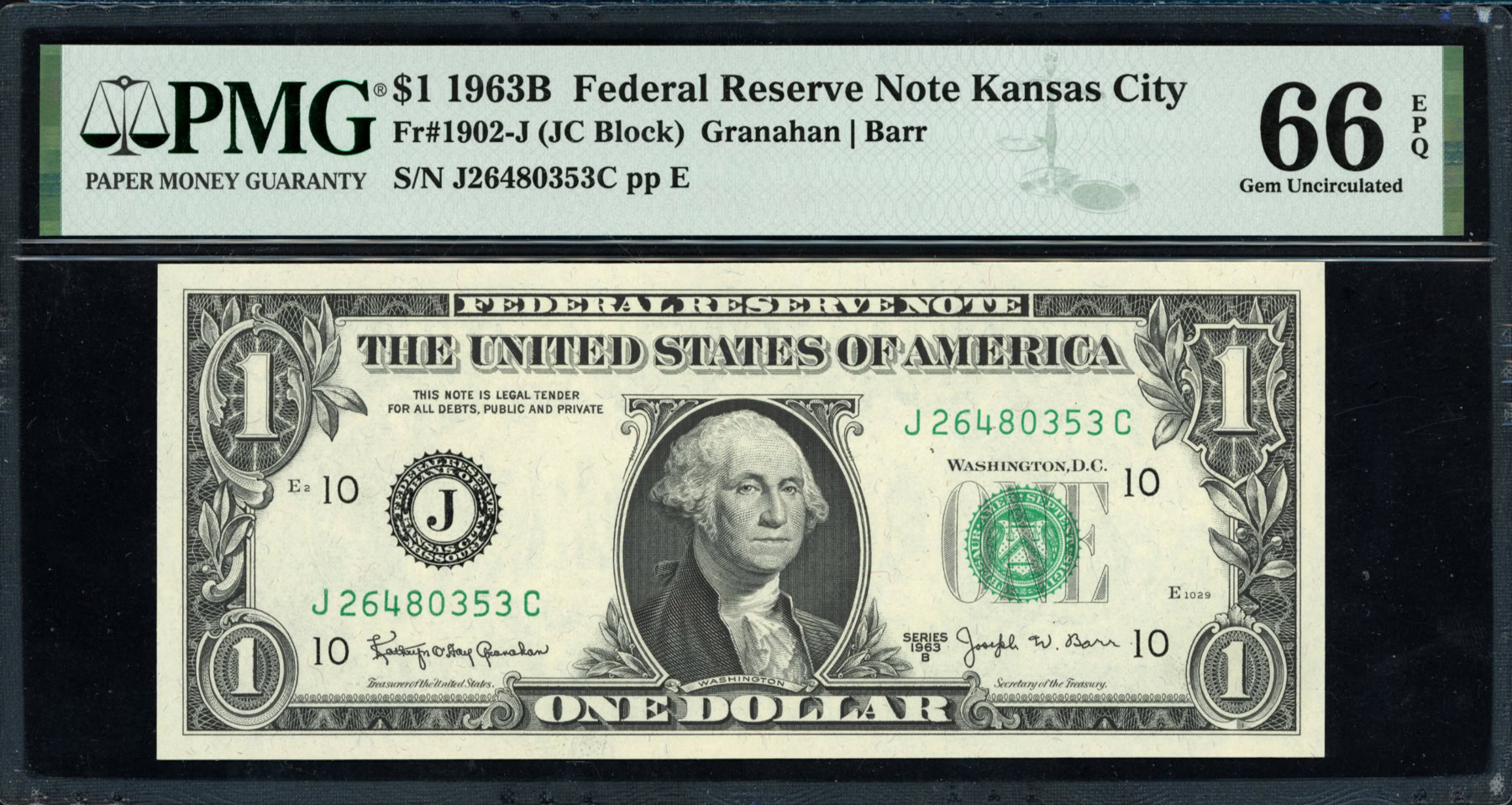 Fr. 1902-J (JC Block) 1963B $1 Kansas City Federal Reserve Note ...