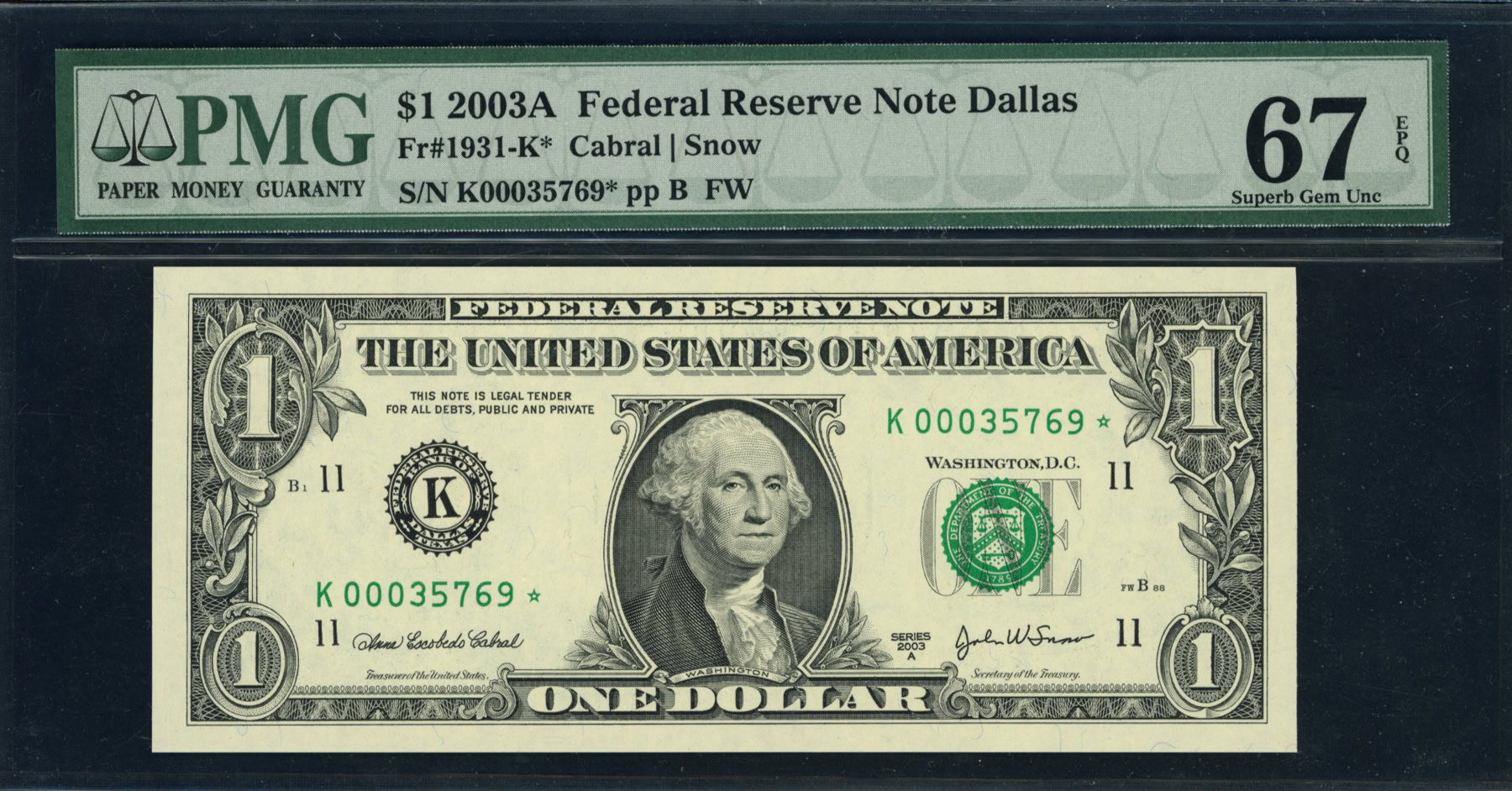 Fr. 1931-K* (K* Block) 2003A $1 Dallas Federal Reserve Star Note Cabral ...