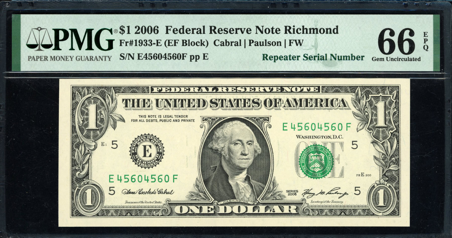 Fr. 1933-E (EF Block) 2006 $1 Richmond Federal Reserve Note Repeater ...