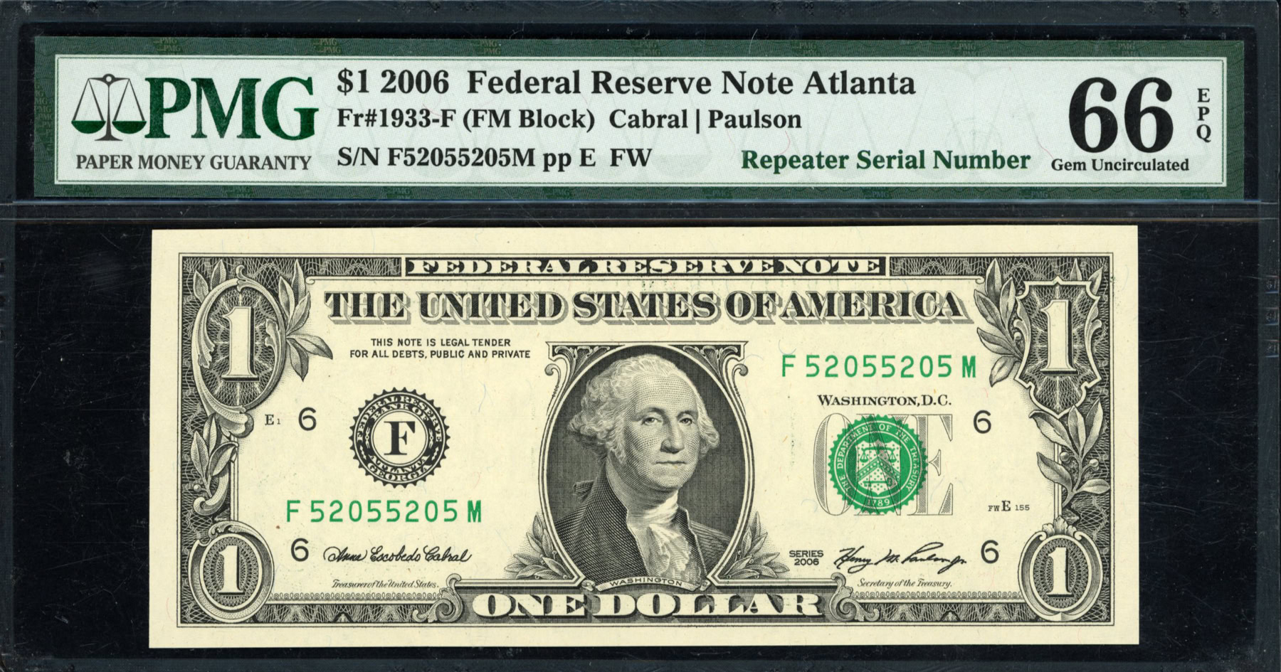 Fr. 1933-F (FM Block) 2006 $1 Atlanta Federal Reserve Note Repeater ...
