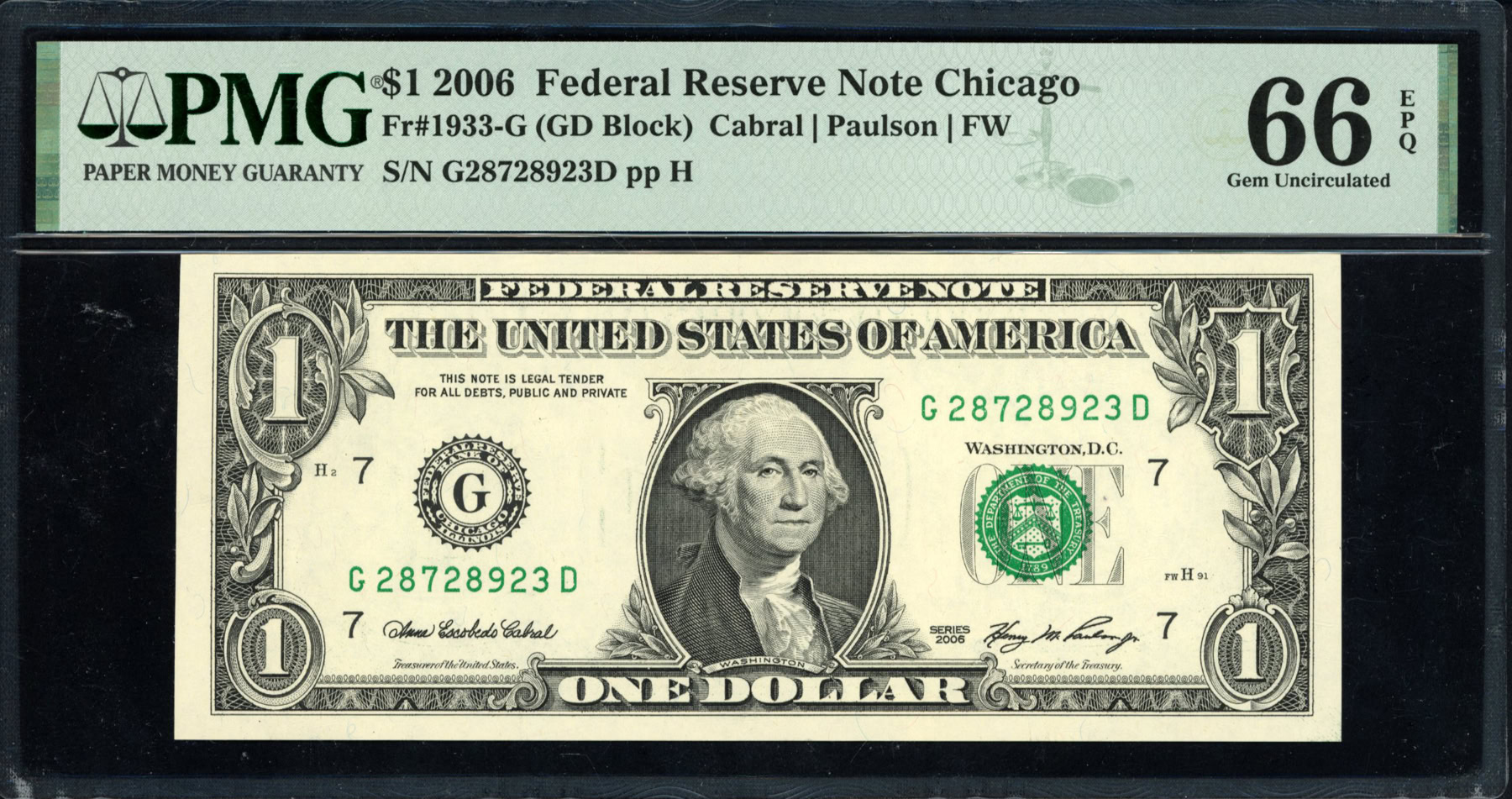 Fr. 1933-G (GD Block) 2006 $1 Chicago Federal Reserve Note Cabral ...