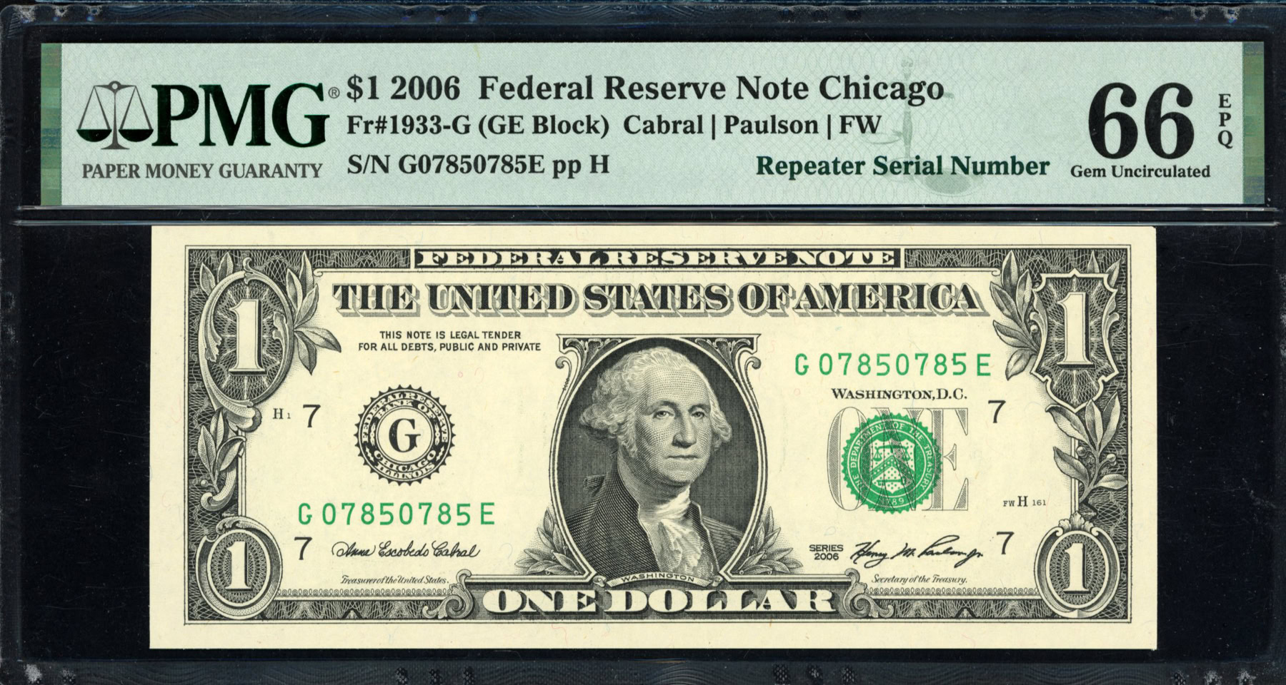 Fr. 1933-G (GE Block) 2006 $1 Chicago Federal Reserve Note Repeater ...