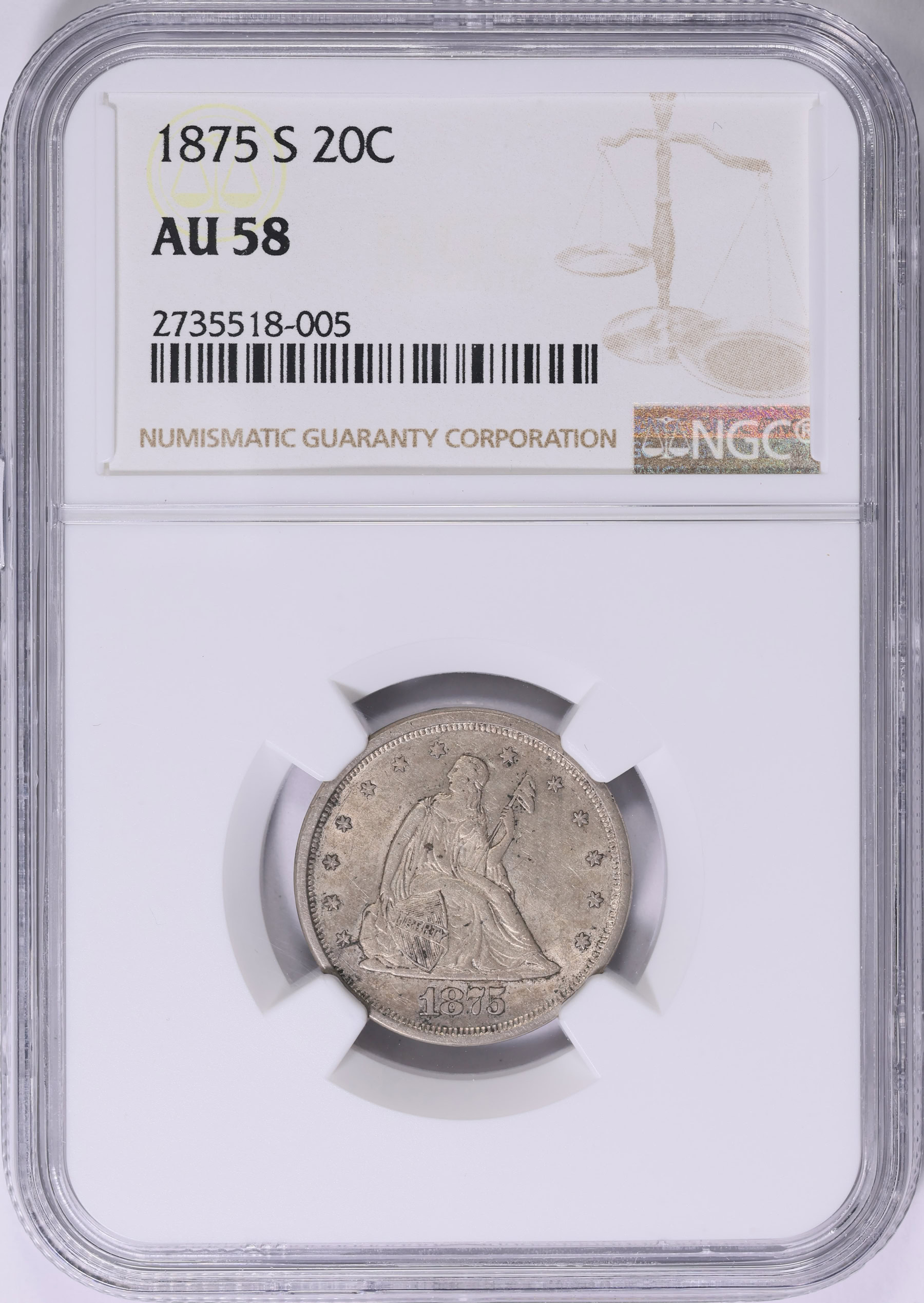 1875-S Twenty-Cent Piece NGC AU-58 (Item 1807560) | GreatCollections ...