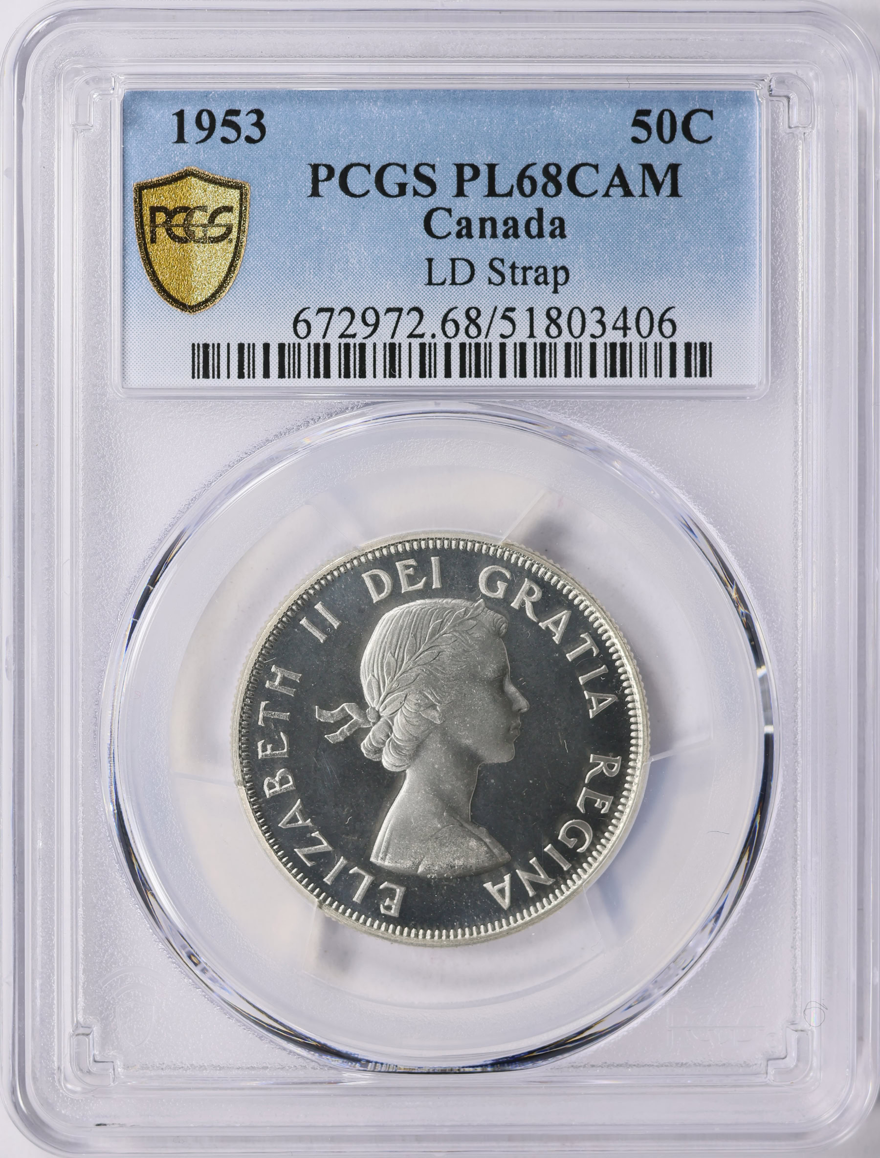 Canada 1953 Silver 50 Cents Large Date, With Strap KM-53 PCGS PL-68 ...