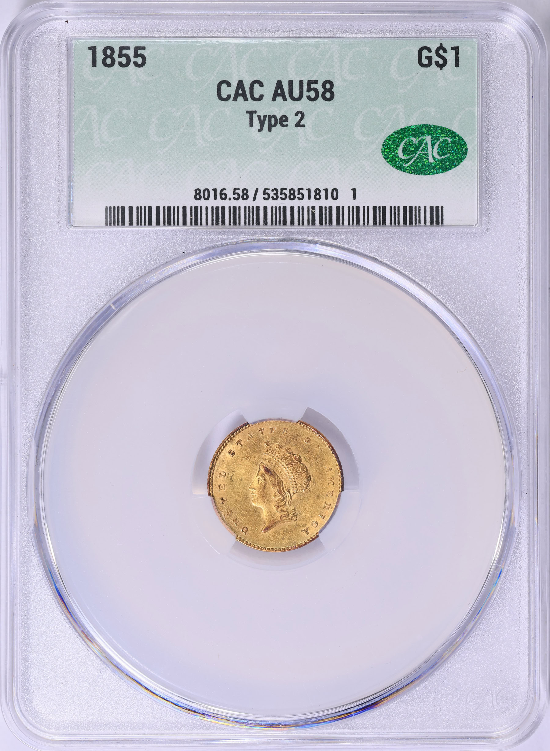 1855 Indian Princess Gold Dollar Type 2 CACG AU-58 (Item 1807574) | GreatCollections Coin Auctions