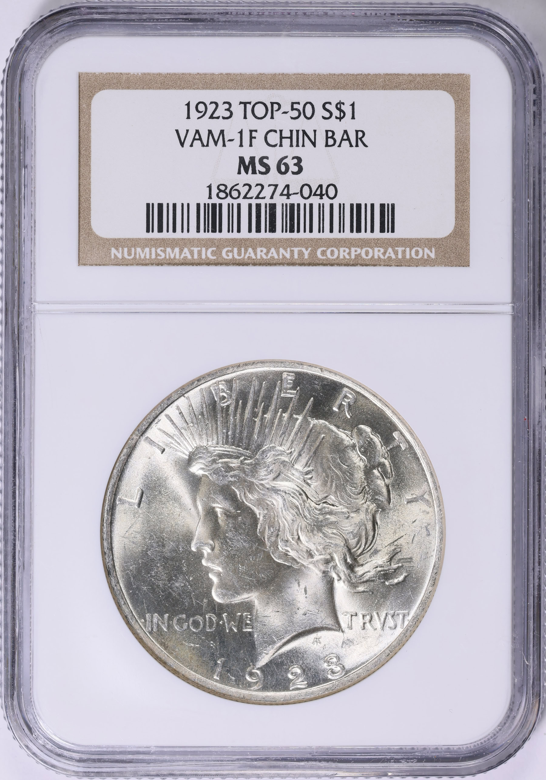 1923 Peace Silver Dollar Chin Bar VAM-1F NGC MS-63 (Item 1807801) | GreatCollections Coin Auctions