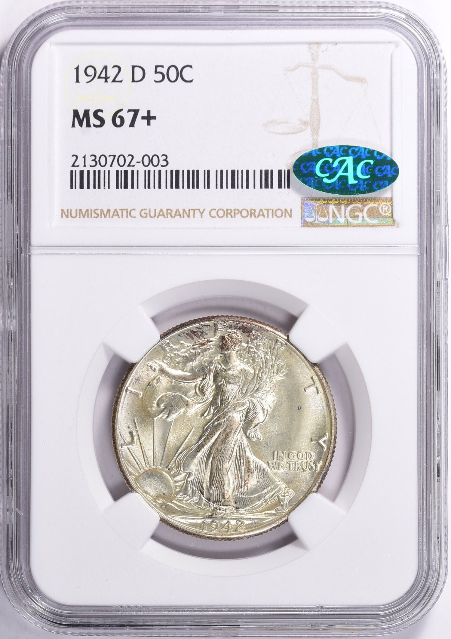 1942-D Walking Liberty Half Dollar NGC MS-67+ (CAC Green) (Item 1807909) | GreatCollections Coin ...