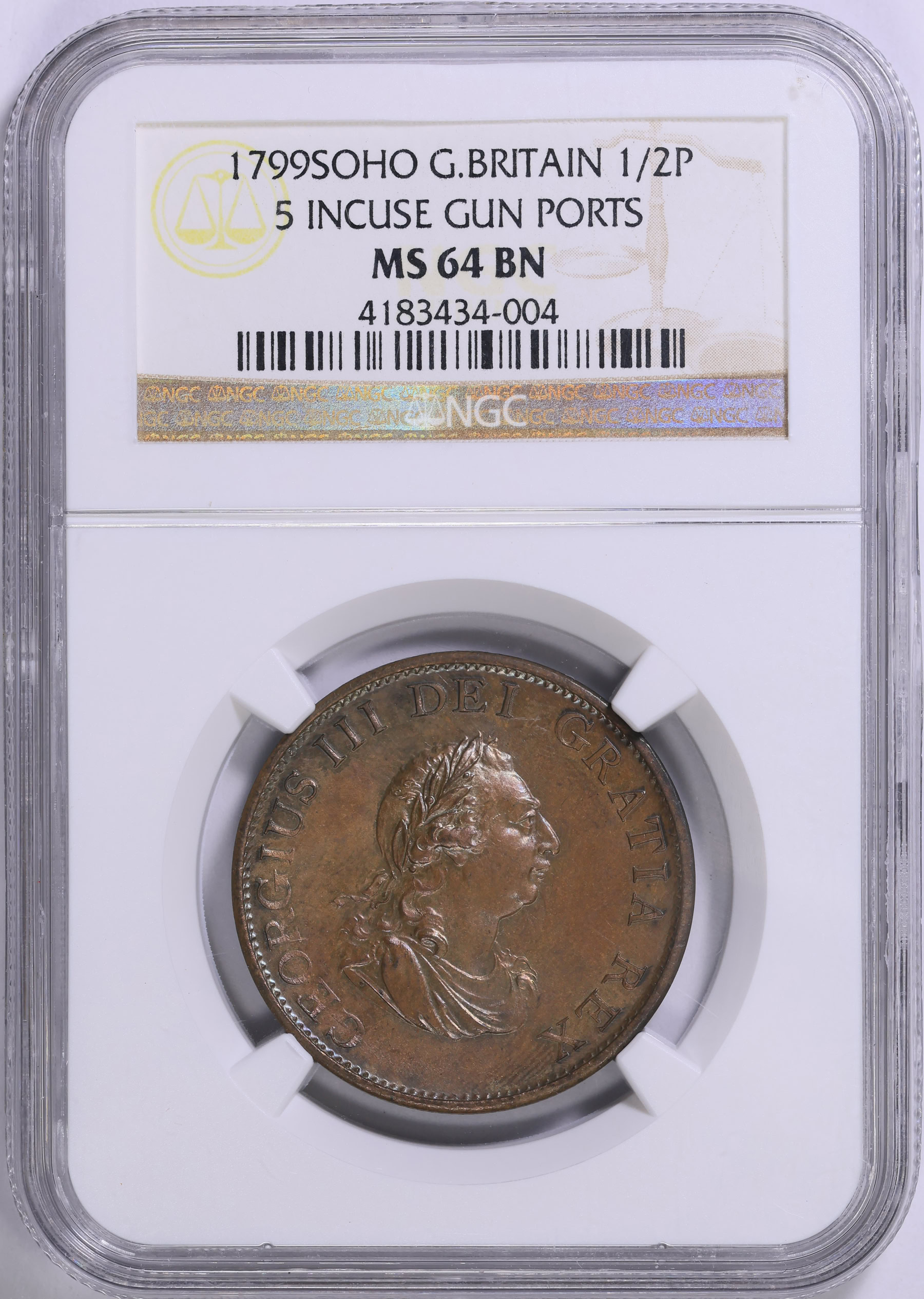 Great Britain 1799-SOHO 1/2 Penny 5 Incuse Gunports KM-647 NGC MS-64 BN (Item 1807931 ...