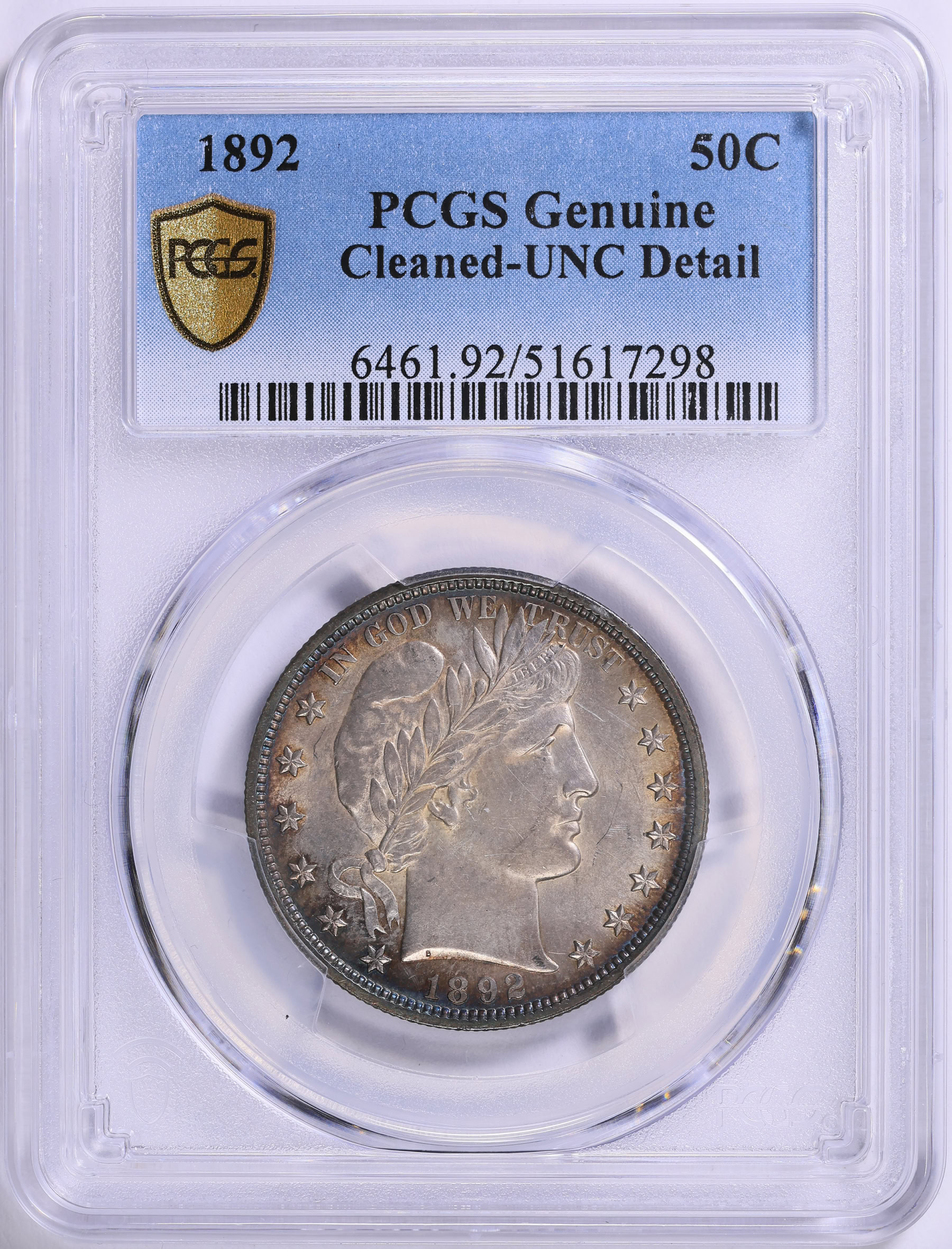1892 Barber Half Dollar PCGS Genuine Unc Details (Item 1807979) | GreatCollections Coin Auctions
