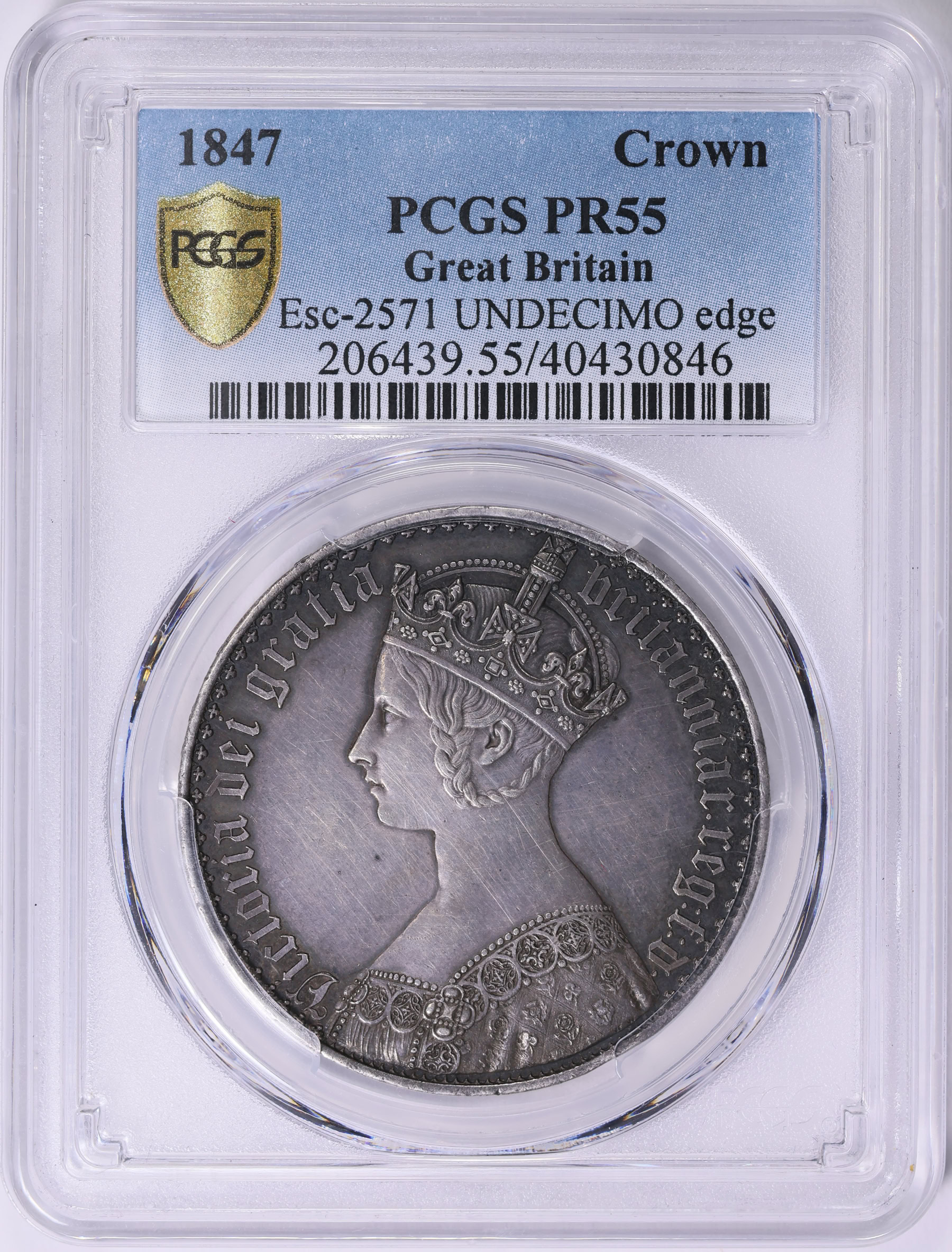 Great Britain 1847 Silver Gothic Crown UNDECIMO Edge KM-744 PCGS Proof ...