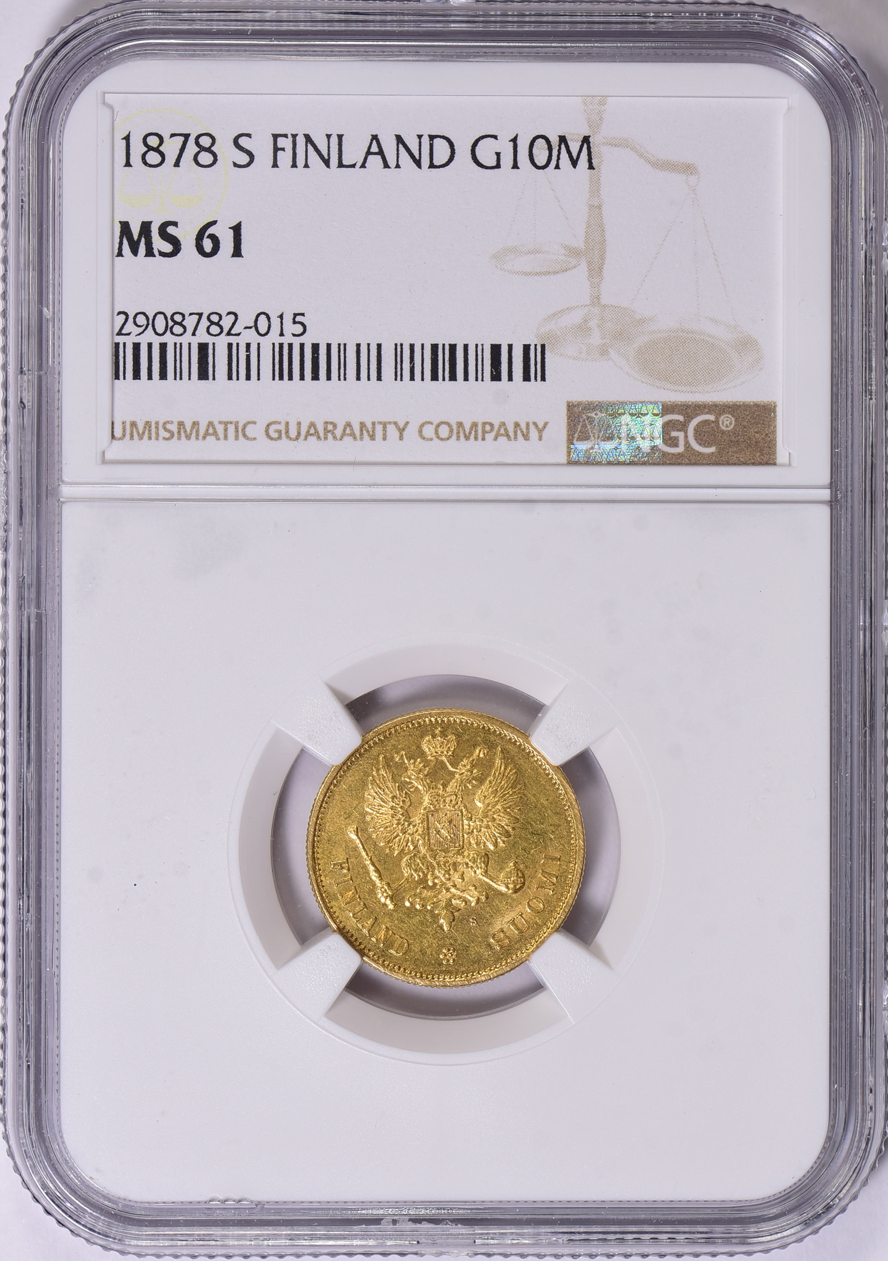 Finland 1878-S Gold 10 Markkaa KM-8.1 NGC MS-61 (AGW = 0.0933 oz ...
