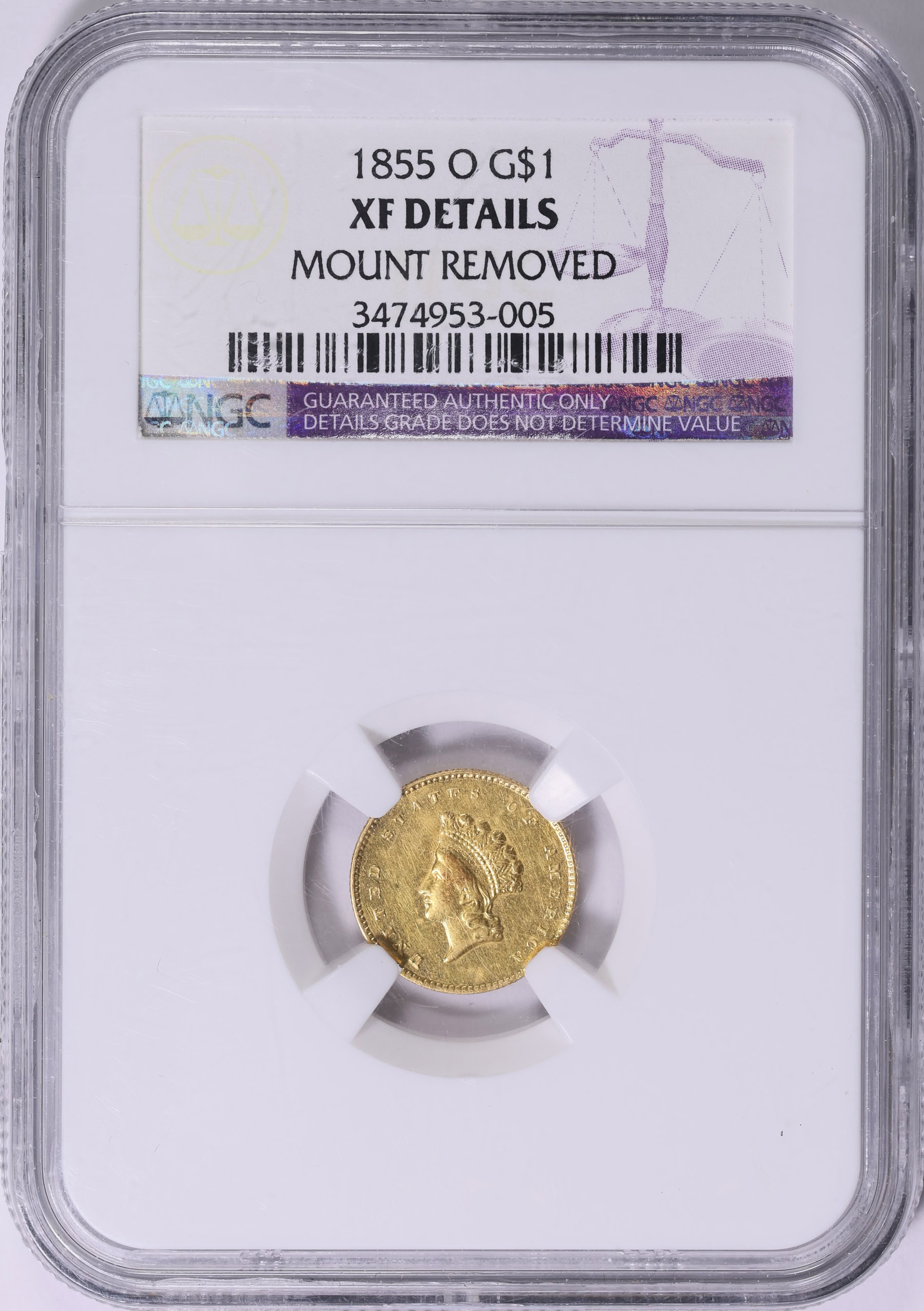 1855-O Indian Princess Gold Dollar NGC XF Details (Item 1808152) | GreatCollections Coin Auctions