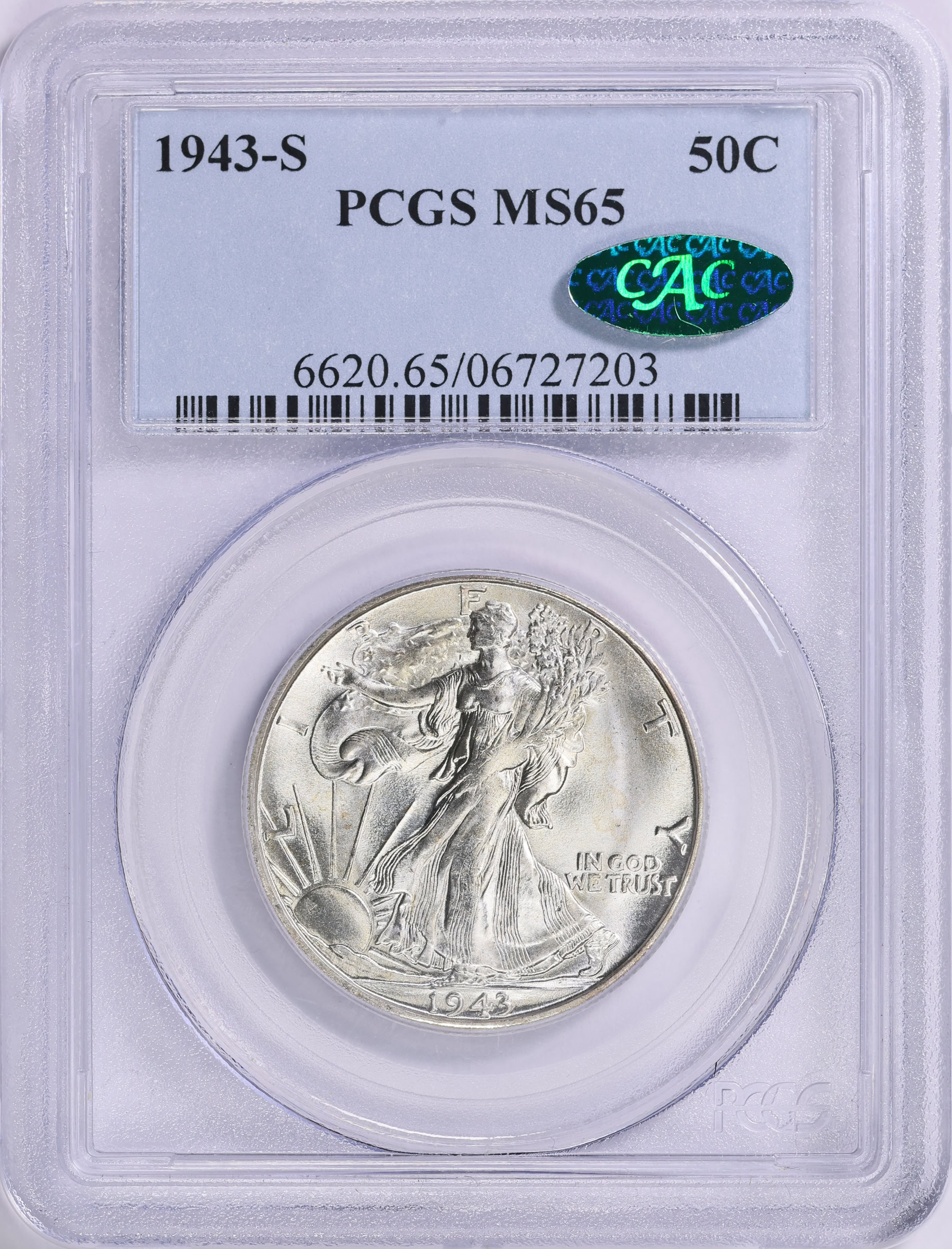 1943-S Walking Liberty Half Dollar PCGS MS-65 (CAC Green) (Item 1808251) | GreatCollections Coin ...