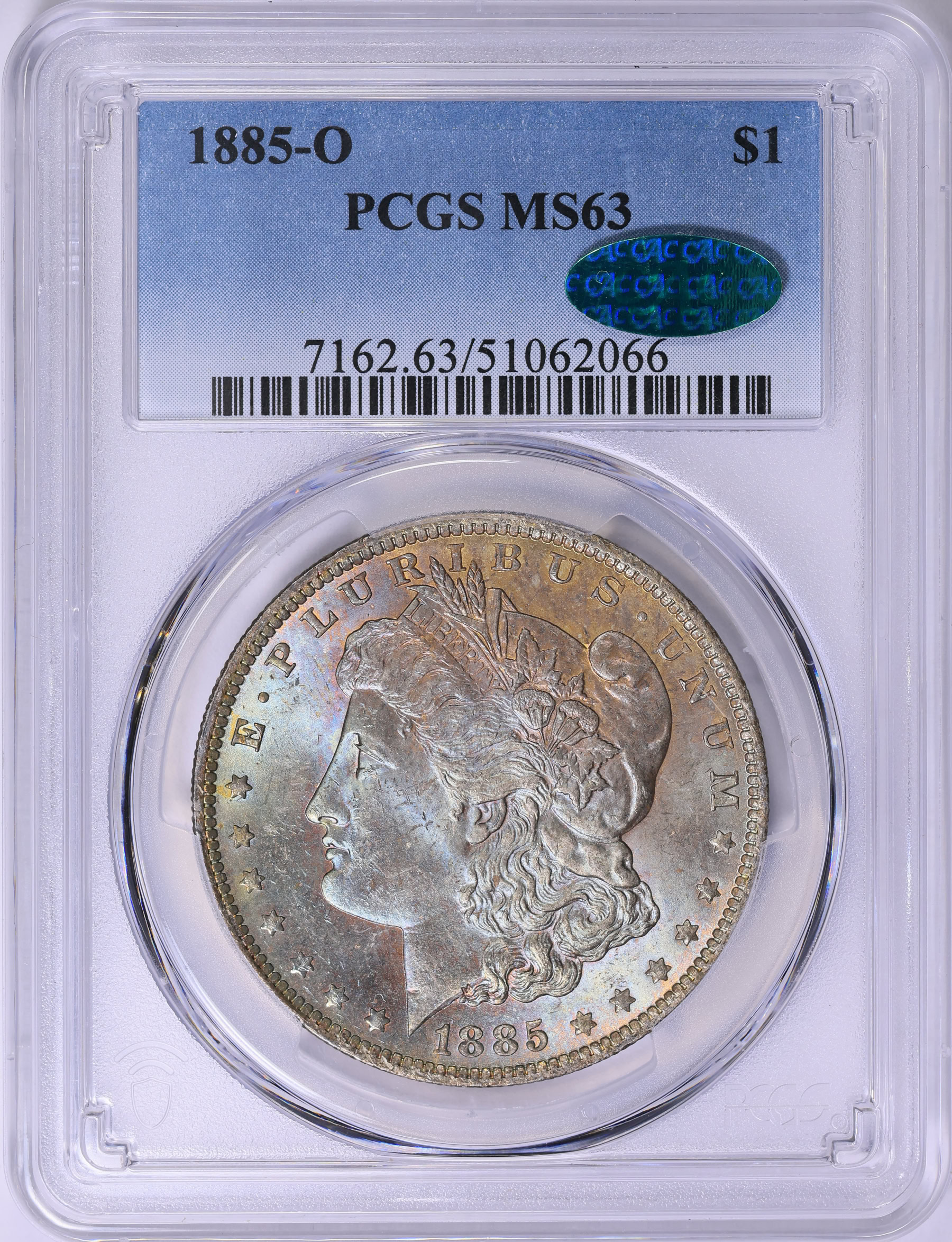 1885-O Morgan Silver Dollar PCGS MS-63 (CAC Green) (Toned) (Item 1808287) | GreatCollections ...