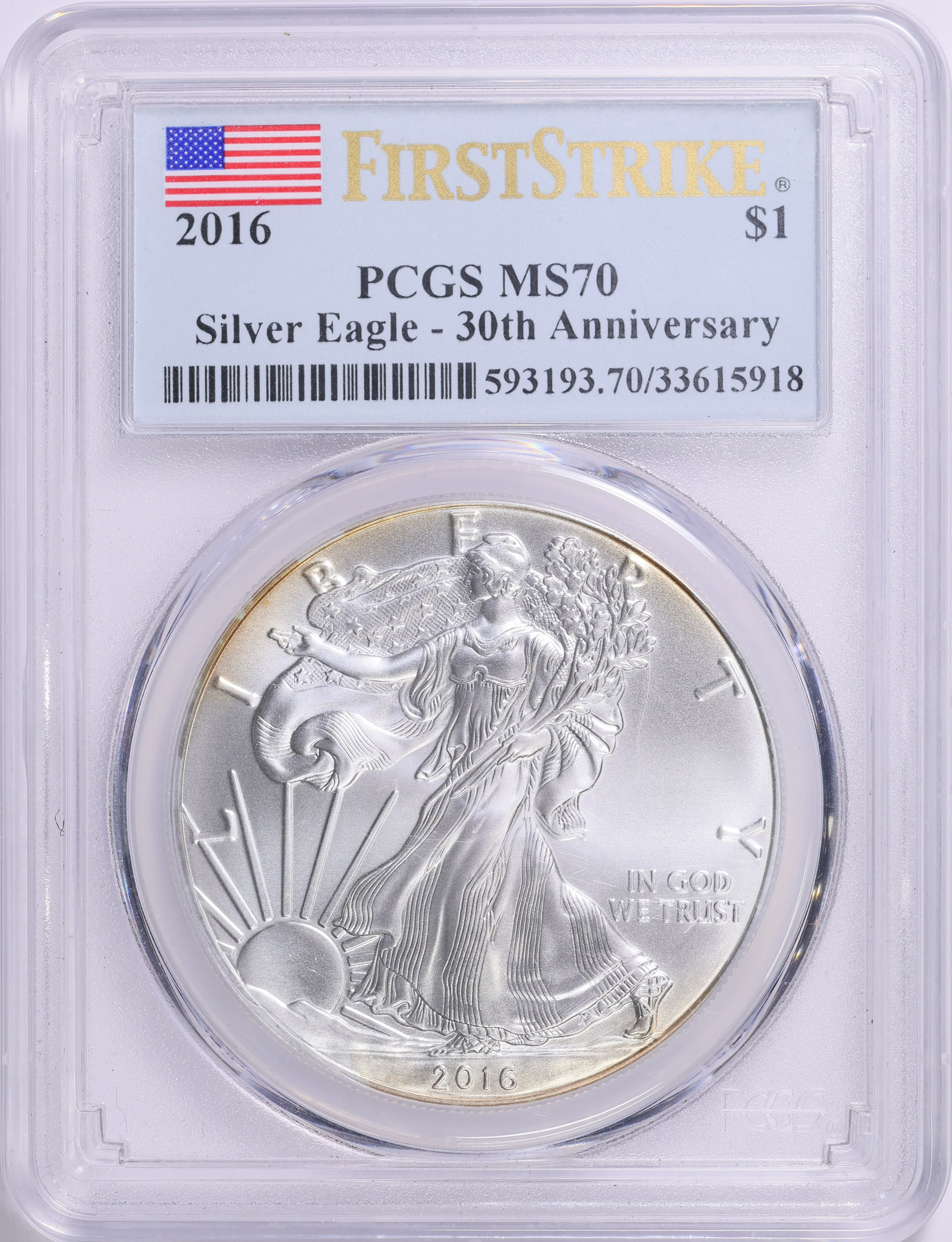 2016 $1 Silver Eagle First Strike 30th Anniversary PCGS MS-70 (Toned) (Item 1808293 ...
