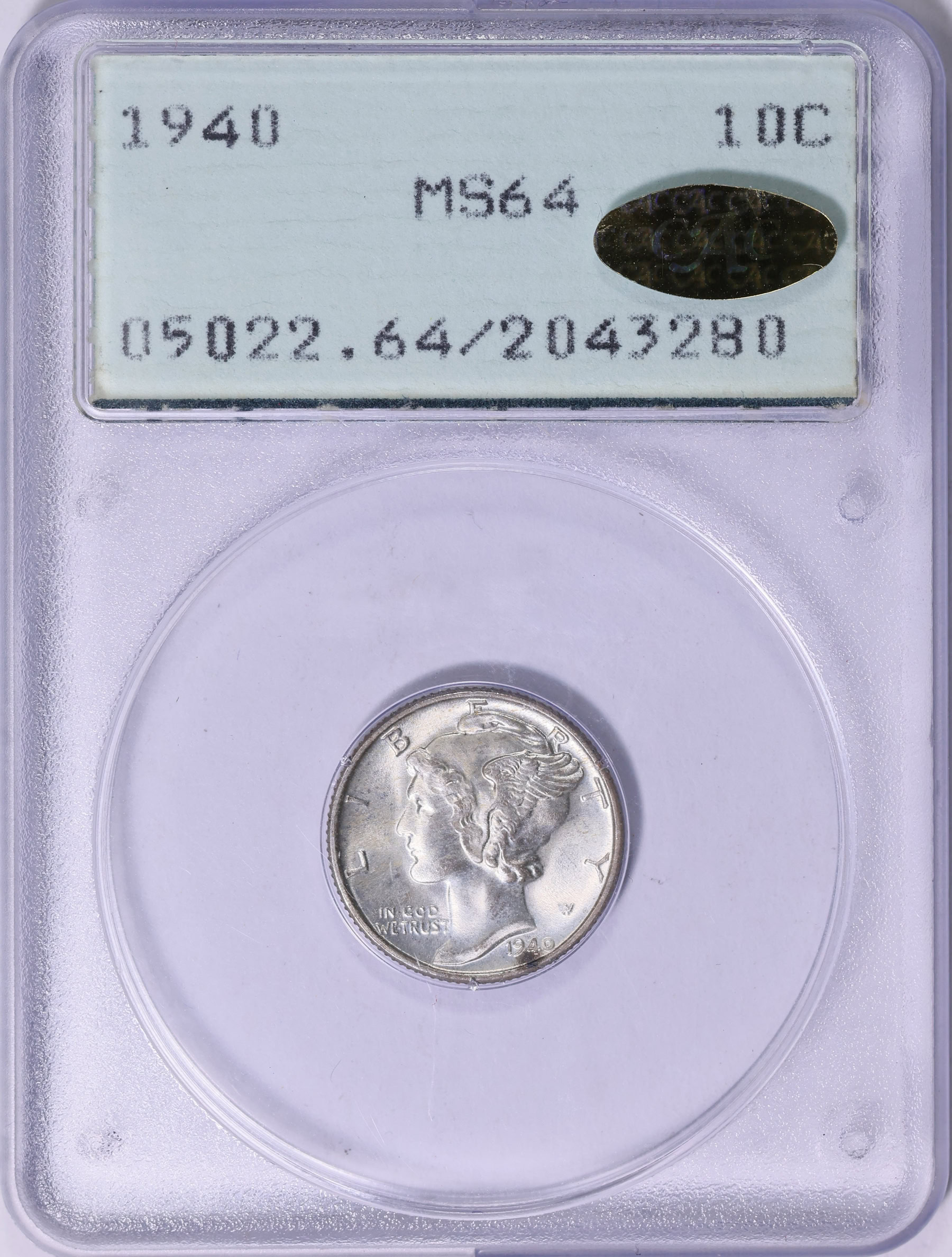 1940 Mercury Dime PCGS MS-64 (CAC Gold) OGH (1st Gen) (Item 1808304) | GreatCollections Coin ...