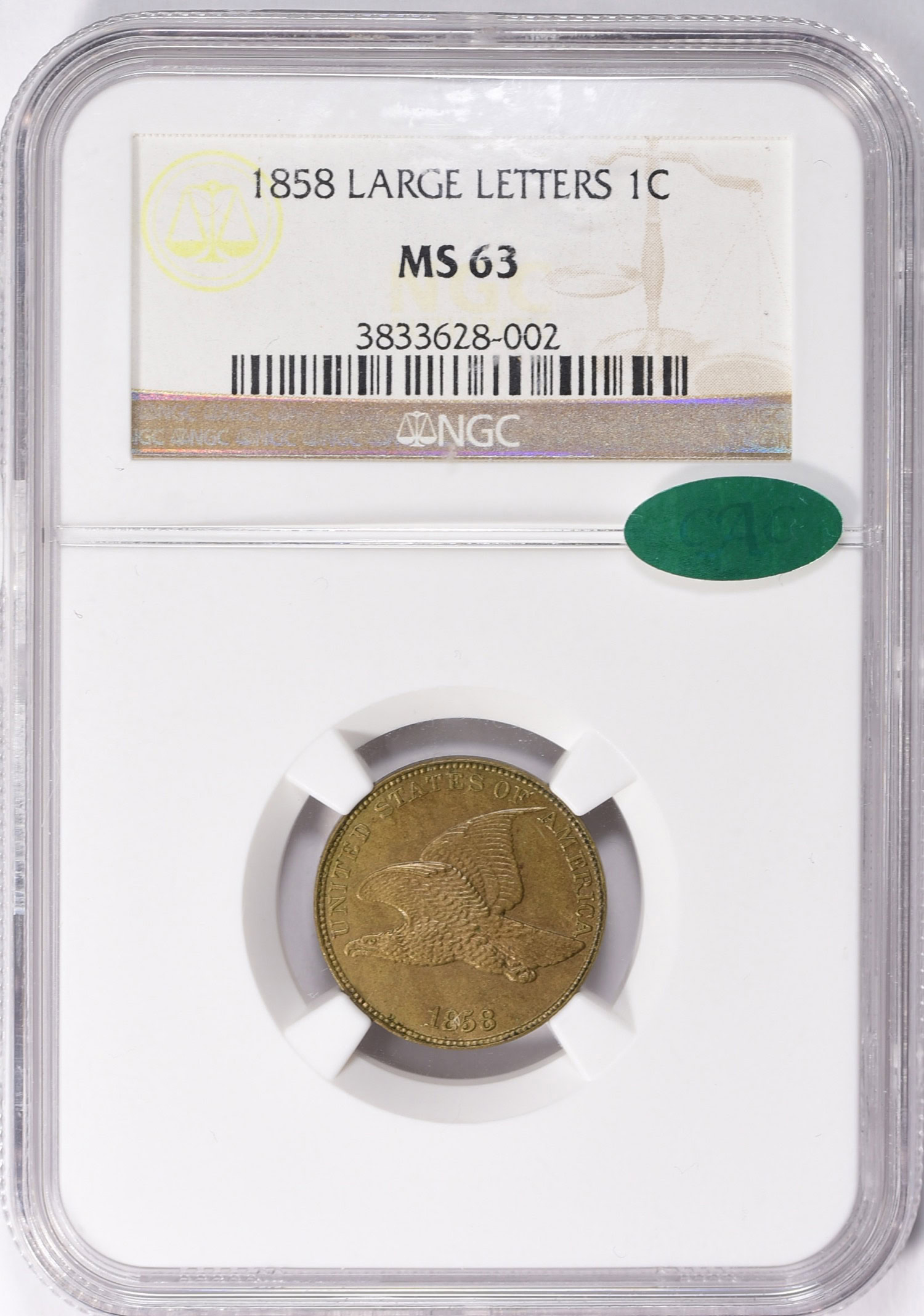 1858 Flying Eagle Cent Large Letters NGC MS-63 (CAC Green) (Item ...