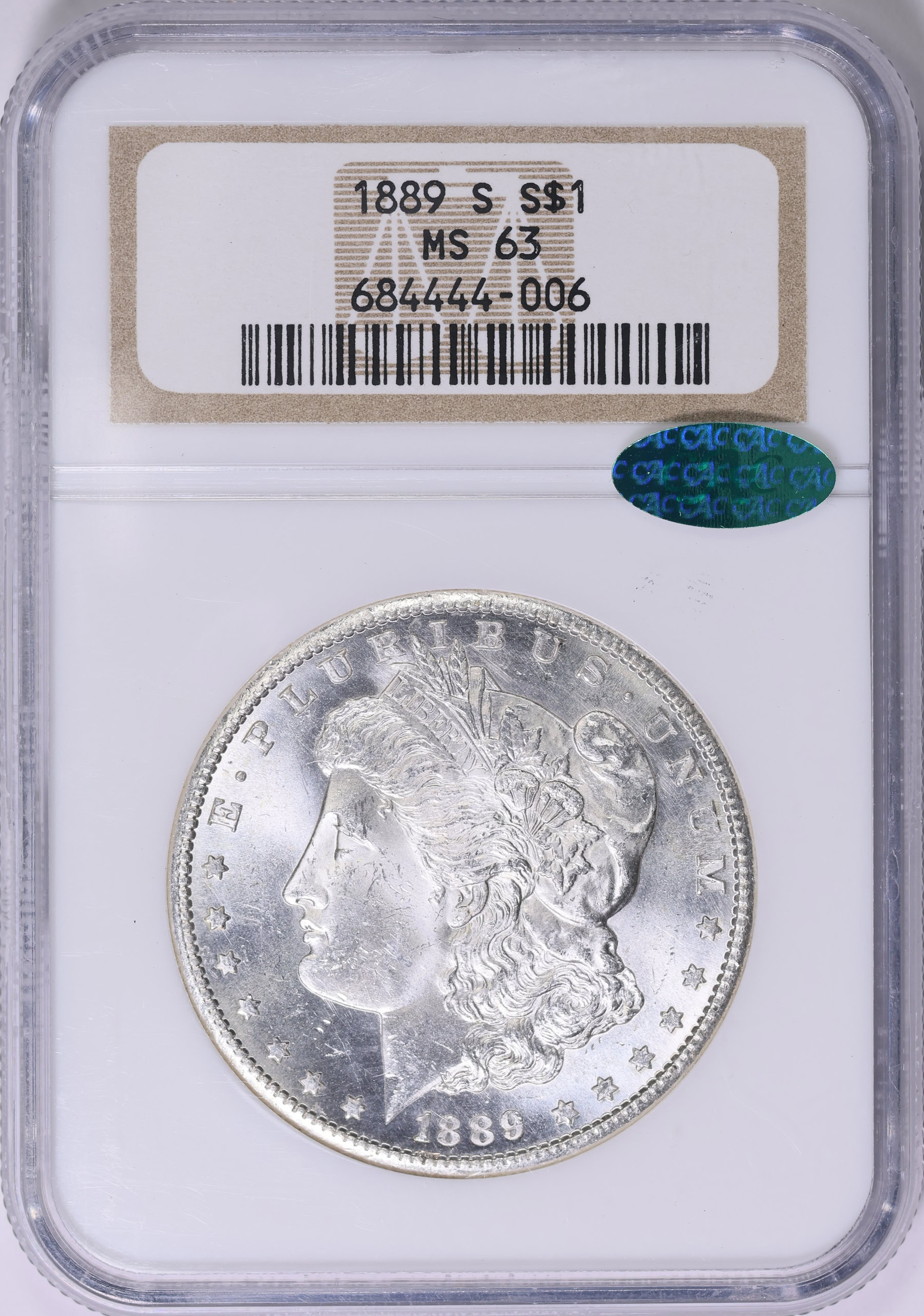 1889-S Morgan Silver Dollar NGC MS-63 (CAC Green) (Item 1808375) | GreatCollections Coin Auctions
